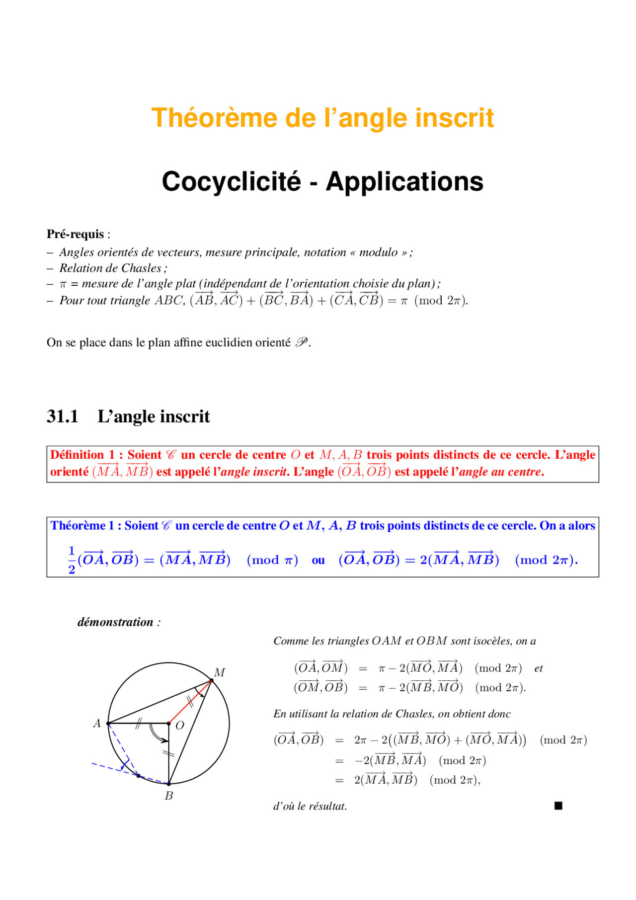 Théorème de l’angle inscrit - Cocyclicité, Applications - Docsity