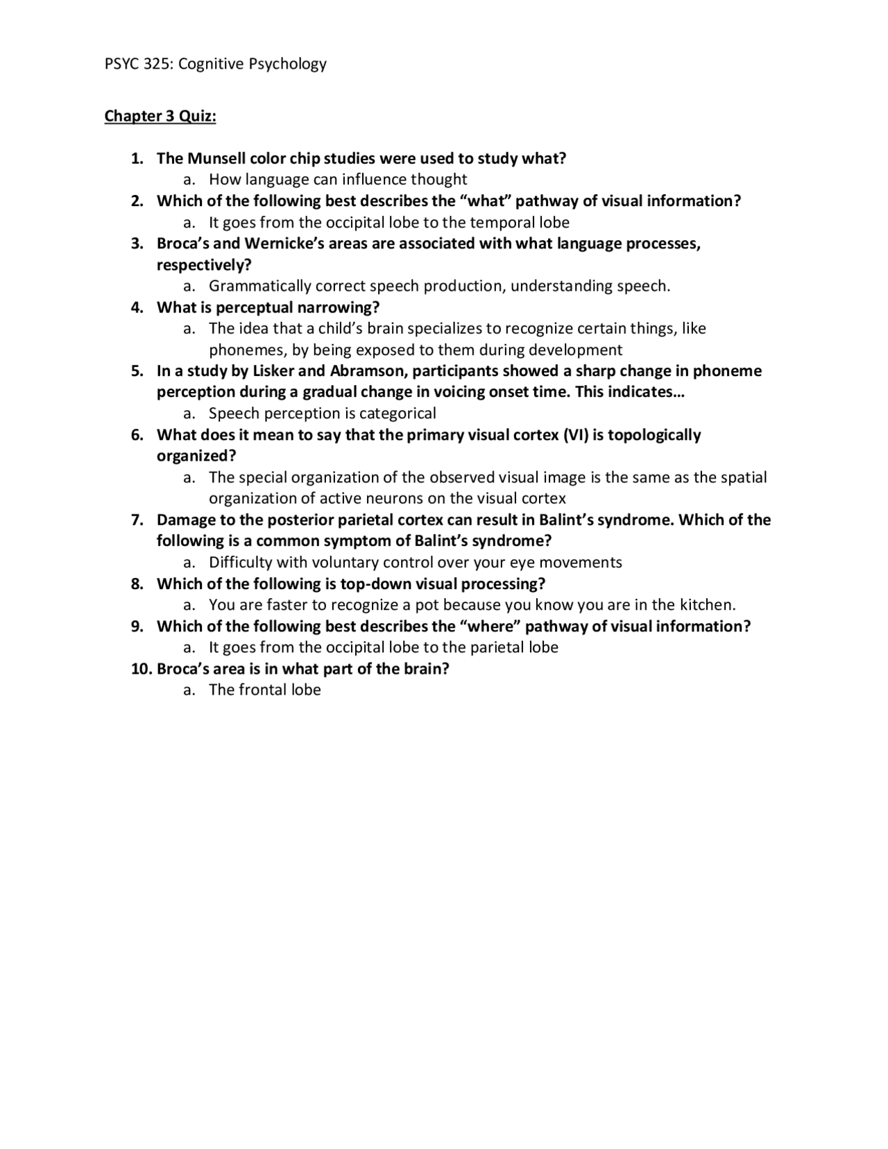 Psyc 325 Cognitive Psych Chapter 3 Quiz Docsity