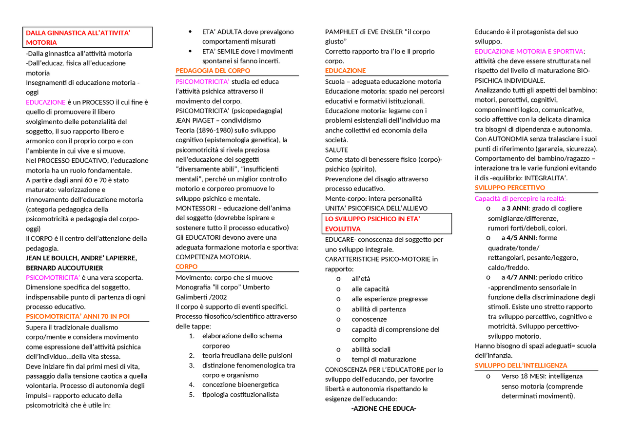 Teoria E Metodologia Delle Attivita Motorie Delleta Evolutiva Docsity