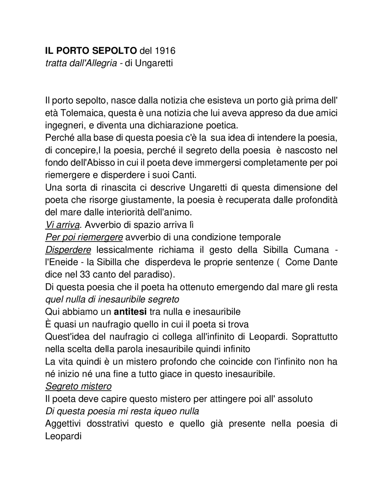 Il Porto Sepolto Di Ungaretti Docsity
