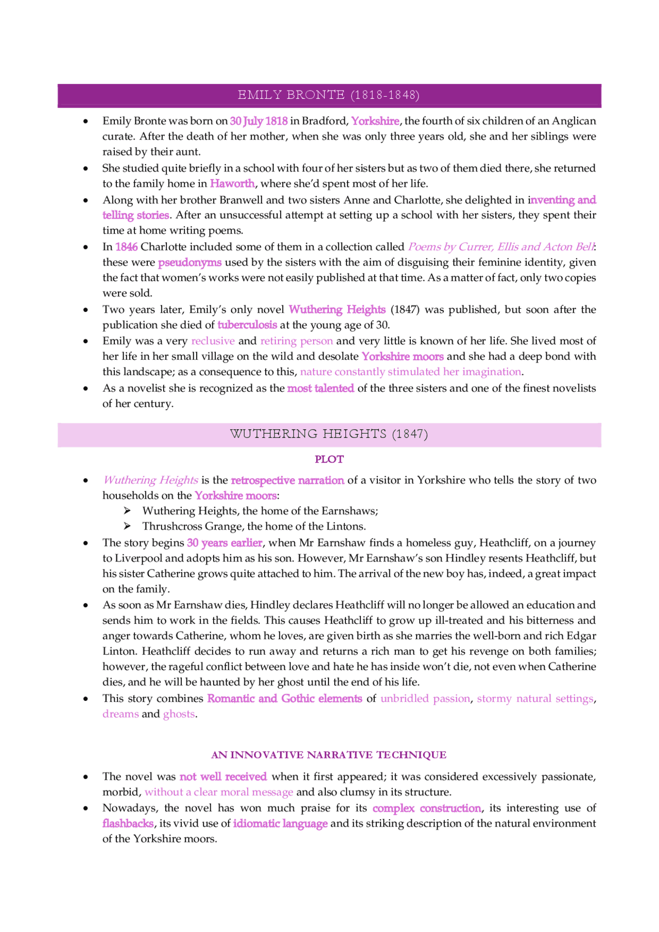 Emily Bronte - life and her masterpiece Wuthering Heights - Docsity