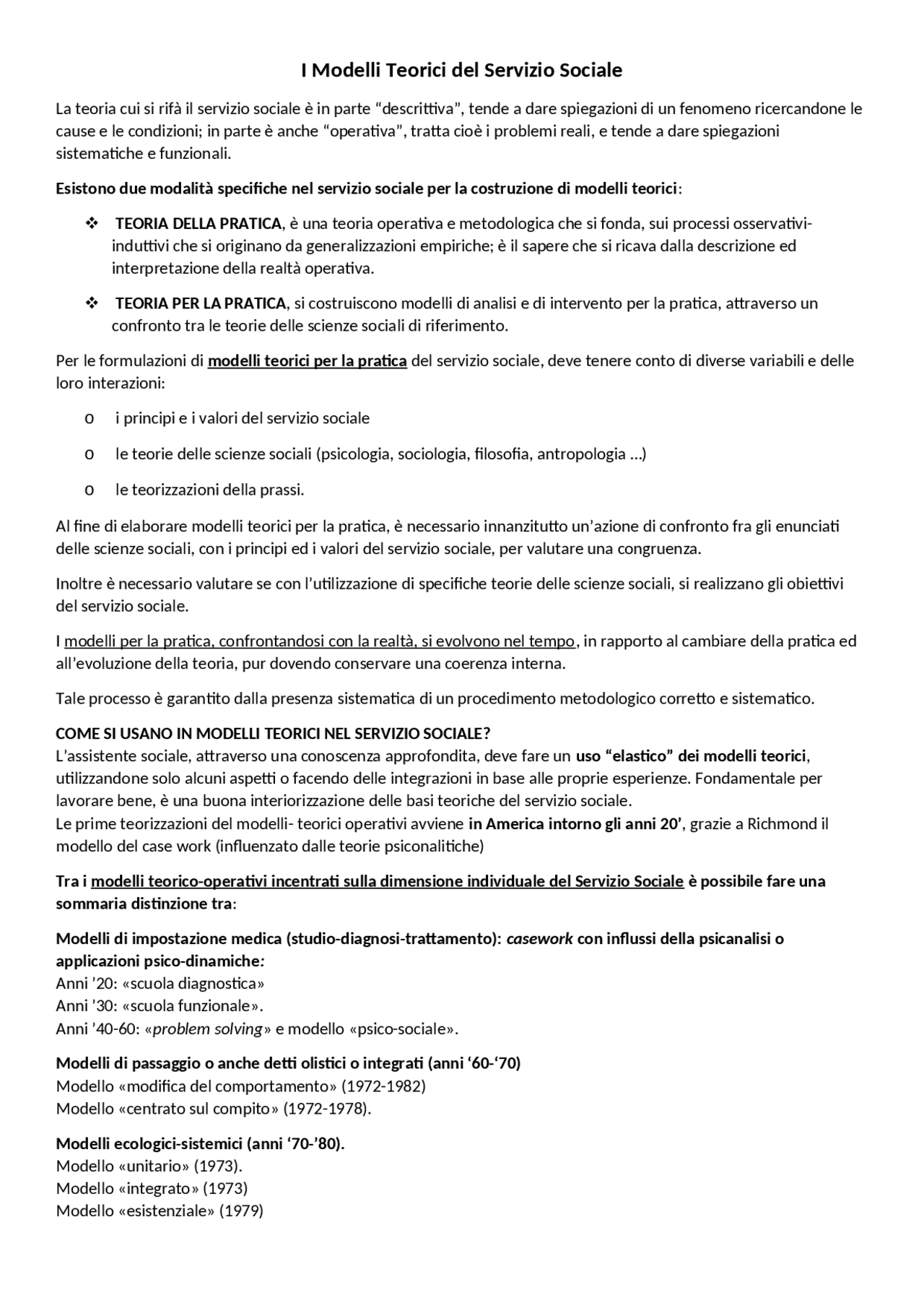 I Modelli Teorici Del Servizio Sociale Docsity