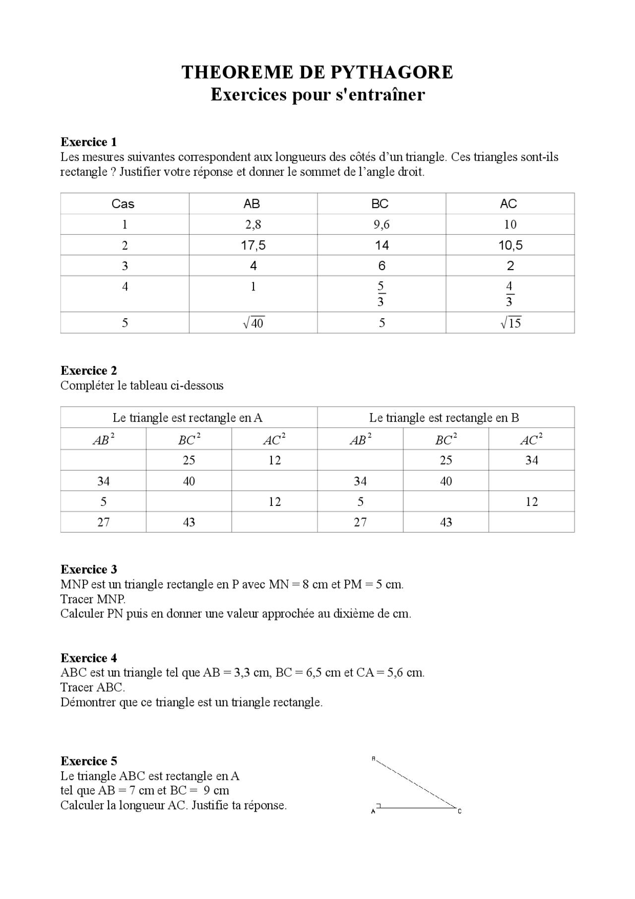 Théorème de Pythagore - exercices pour s'entraîner | Exercices ...