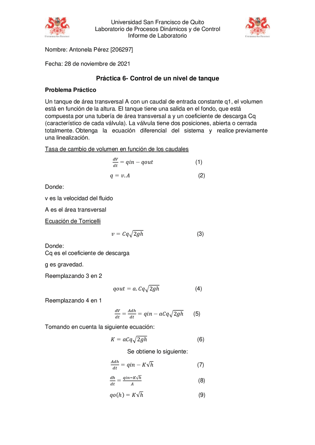 Control del nivel de un tanque | Ejercicios de Control de Procesos | Docsity