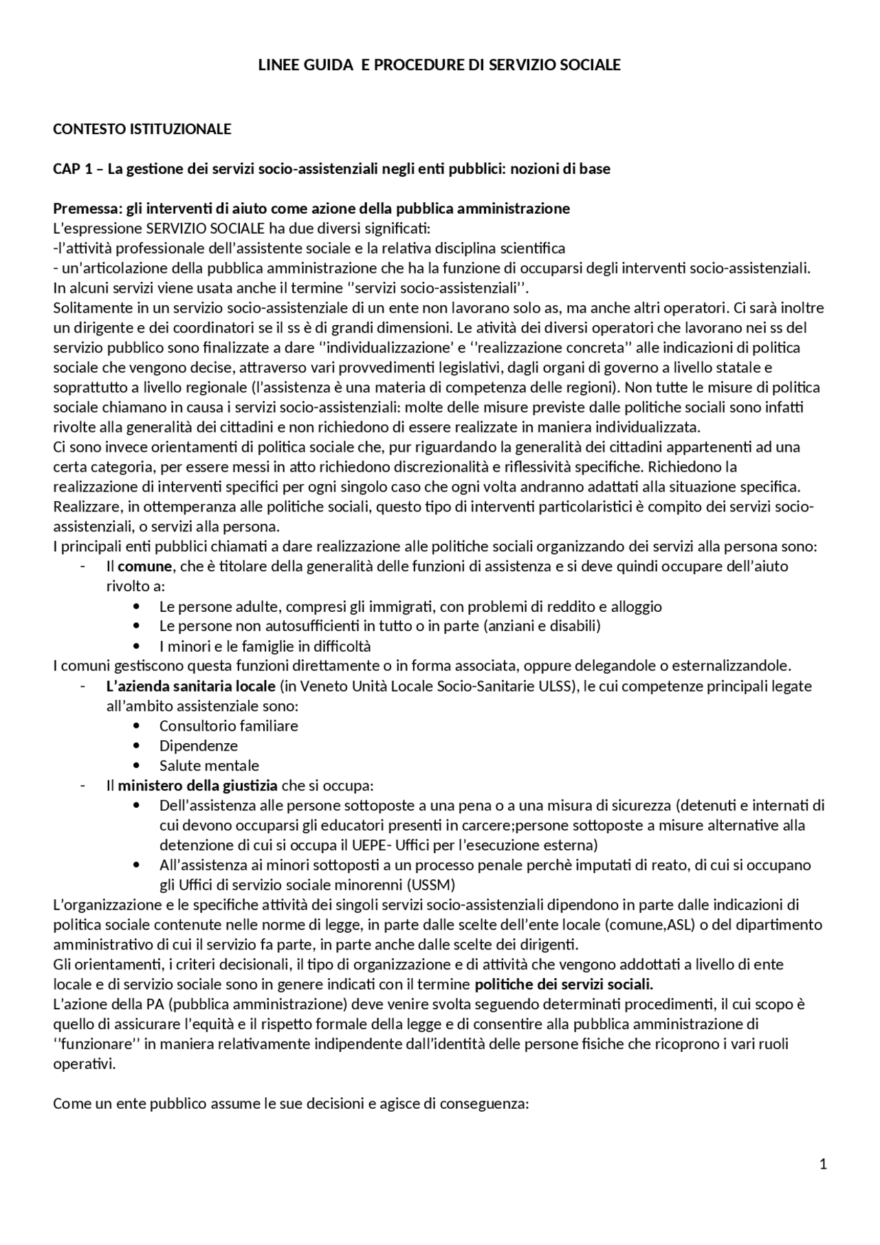 Riassunto Linee Guida E Procedure Del Servizio Sociale Docsity