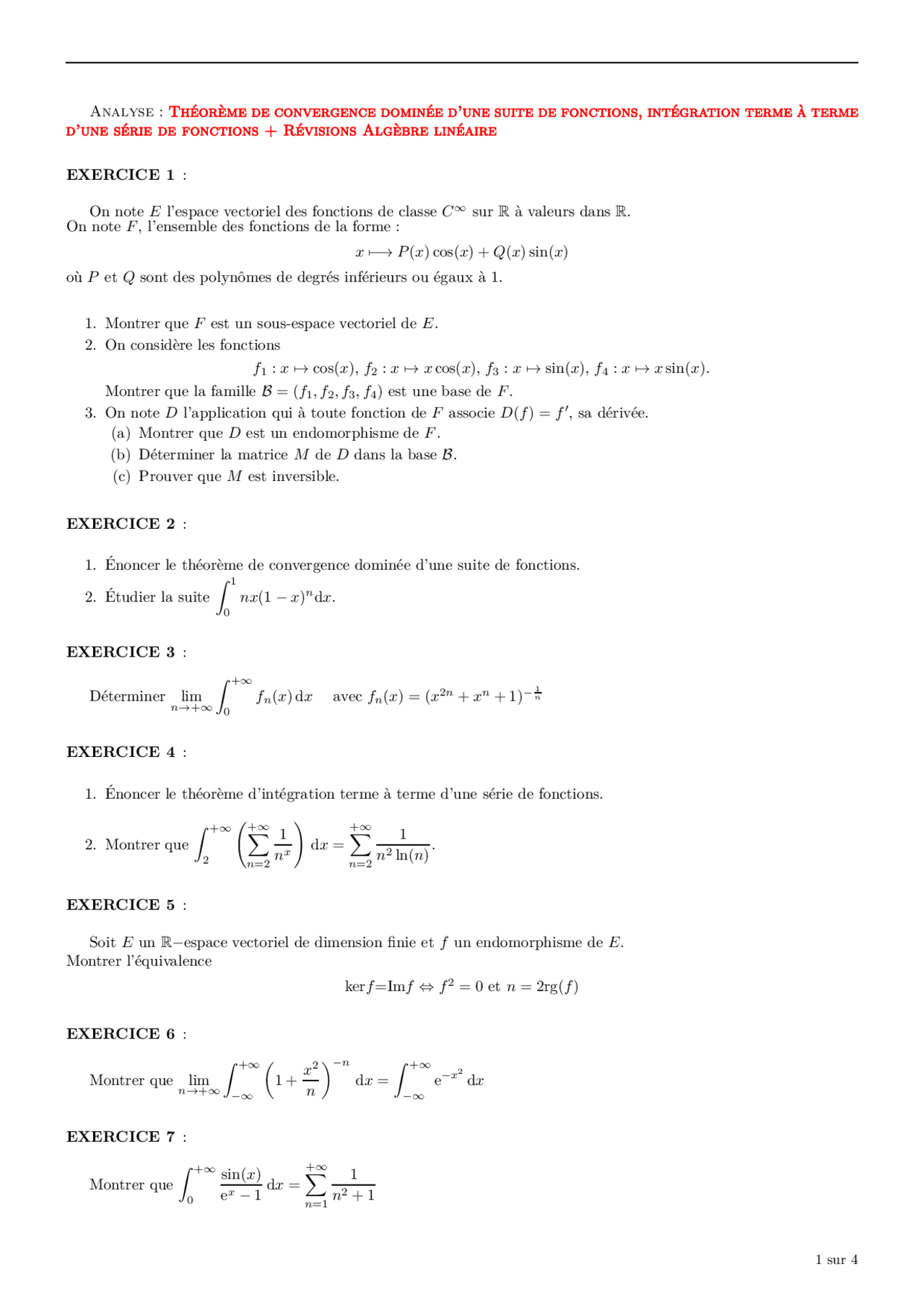 Théorème De Convergence Dominée Exercices Corrigés Exercices