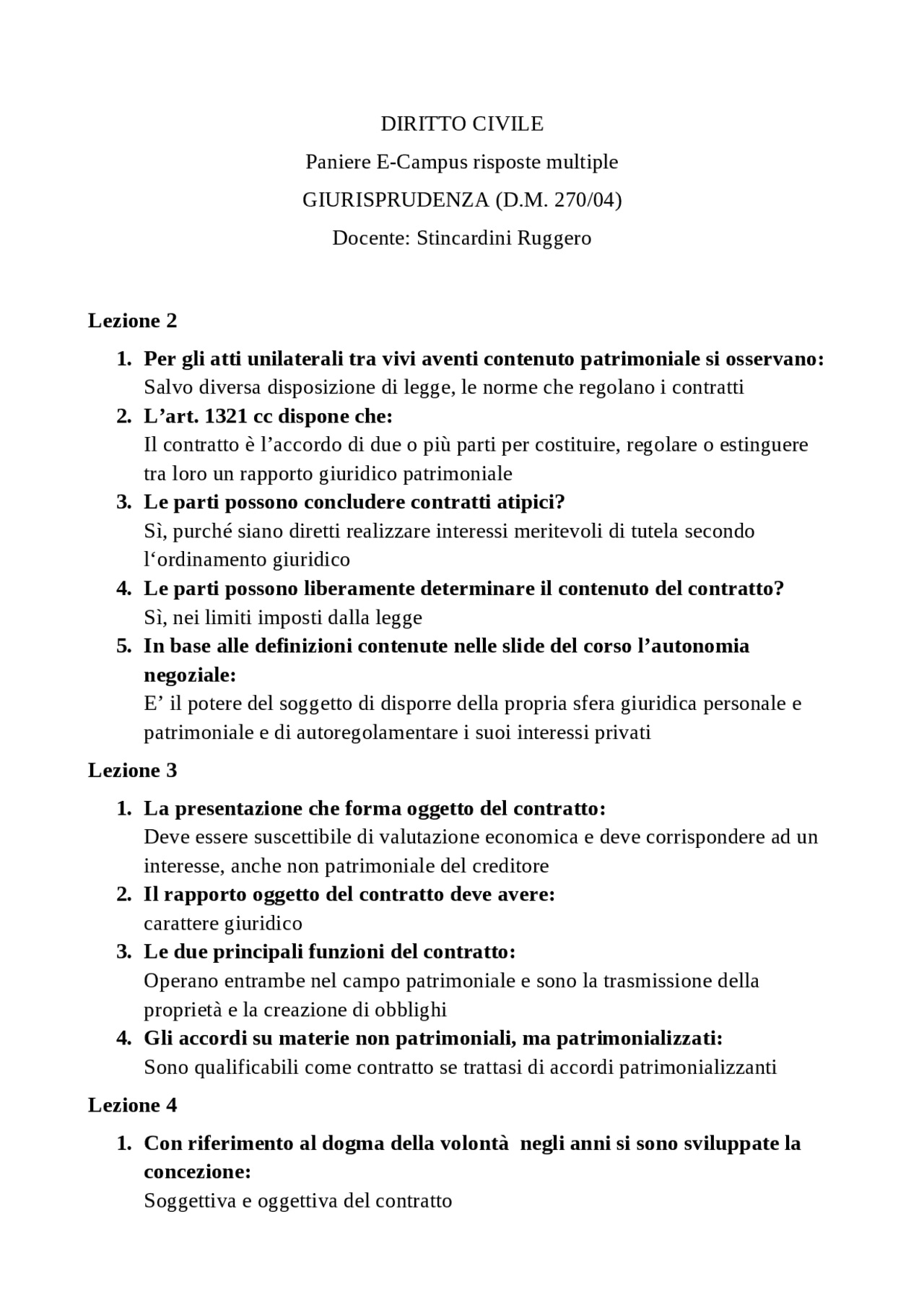 Paniere Risposte Multiple Di Diritto Civile Docsity