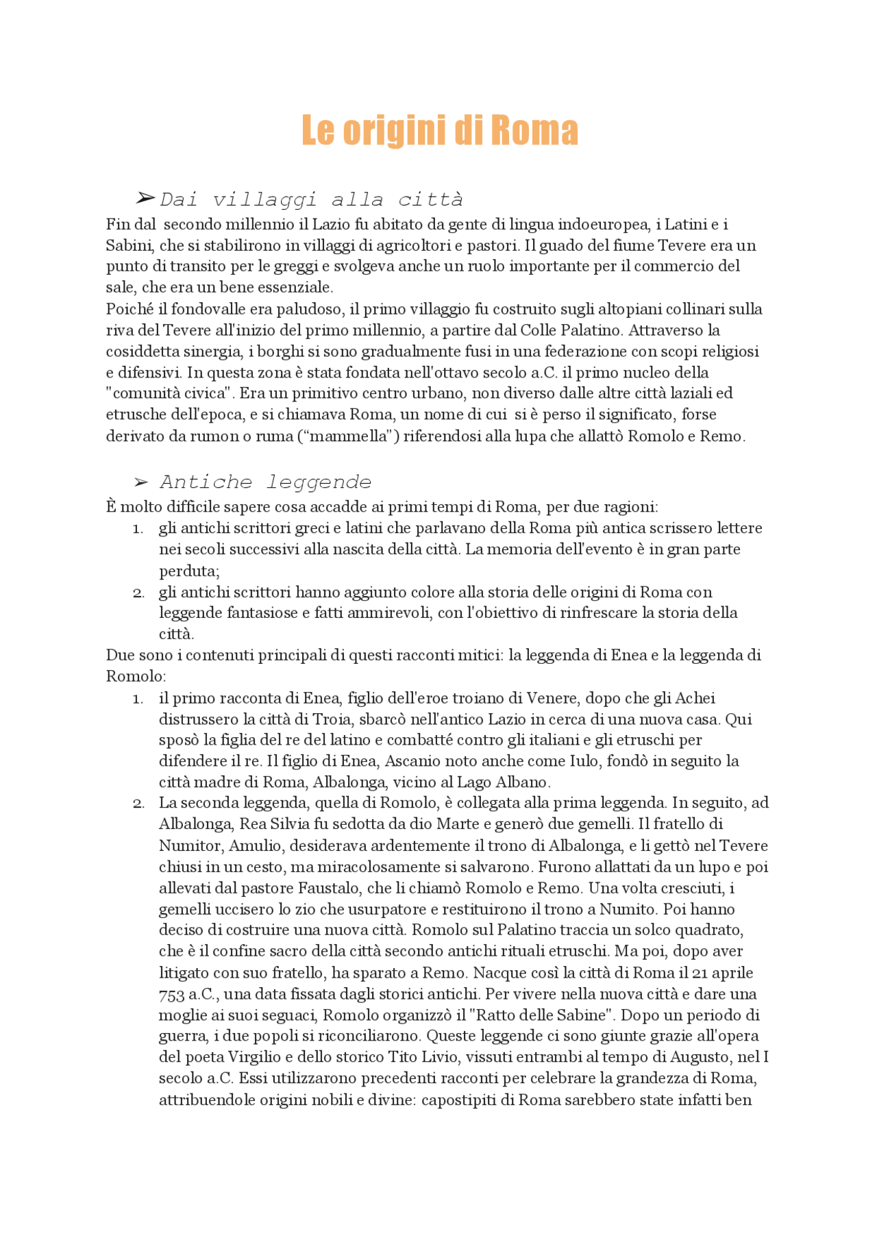 le origini di Roma, i romani, prima liceo | Appunti di Storia | Docsity