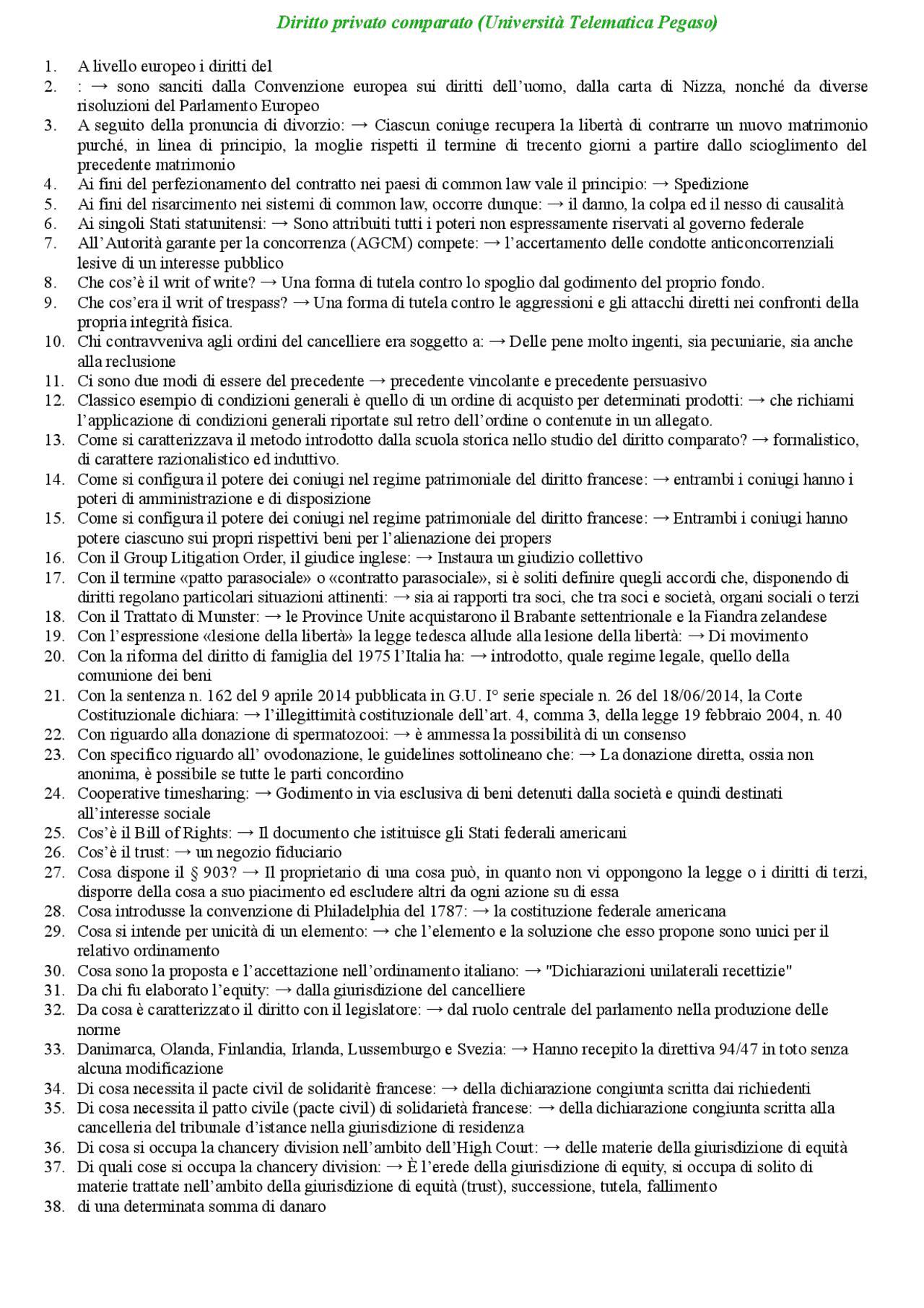 Diritto Privato Comparato Domande E Risposte Pegaso Docsity