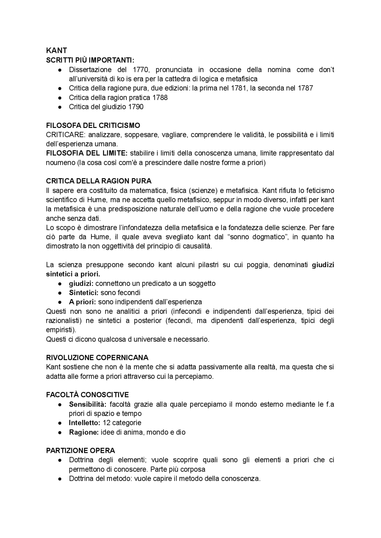 Schema Riassuntivo Kant Docsity