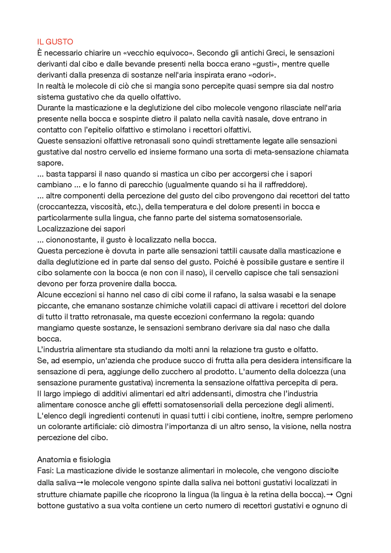 Il Gusto Analisi Dei Processi Cognitivi Docsity
