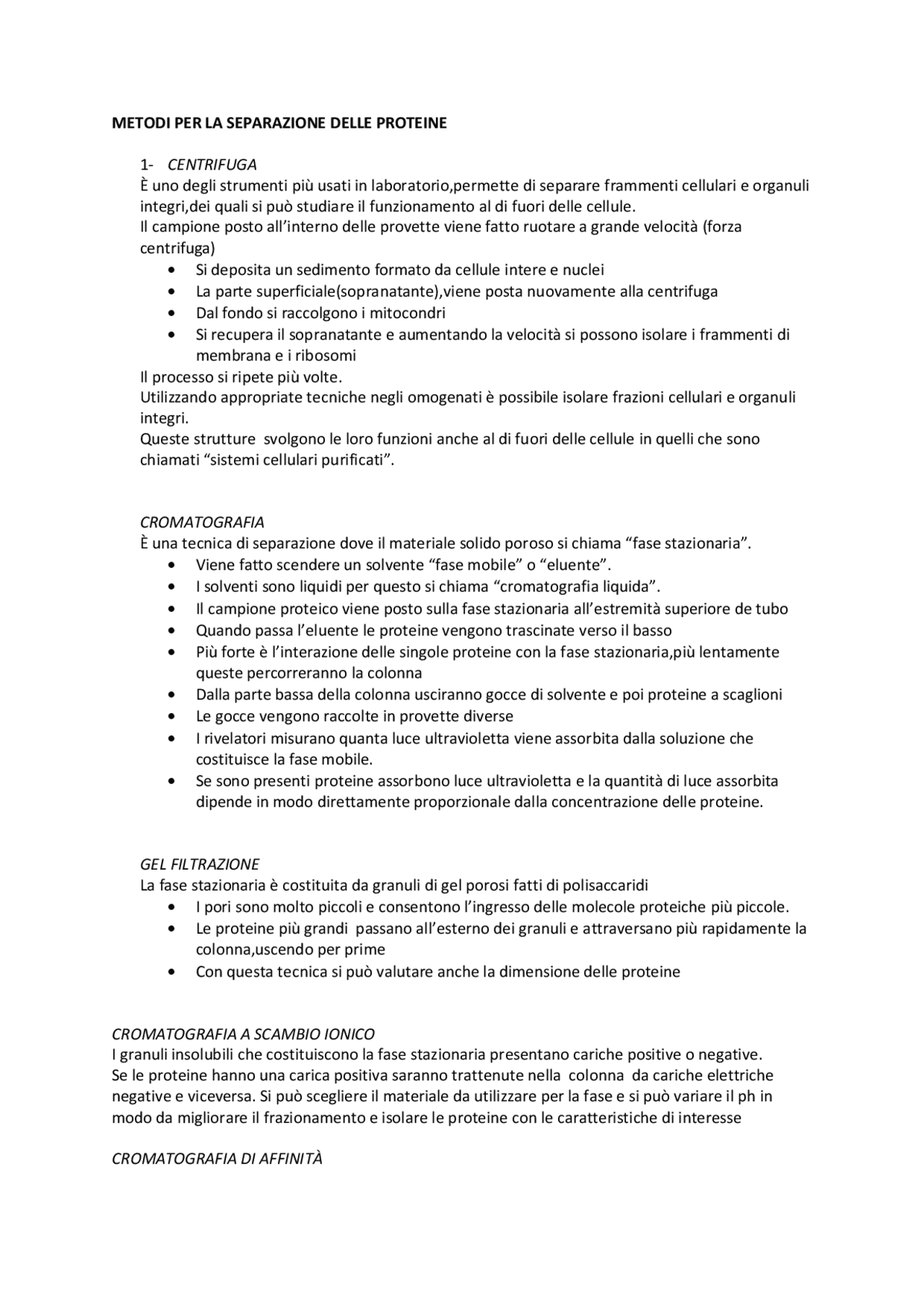 Metodi Di Separazione Delle Proteine Sintesi Docsity
