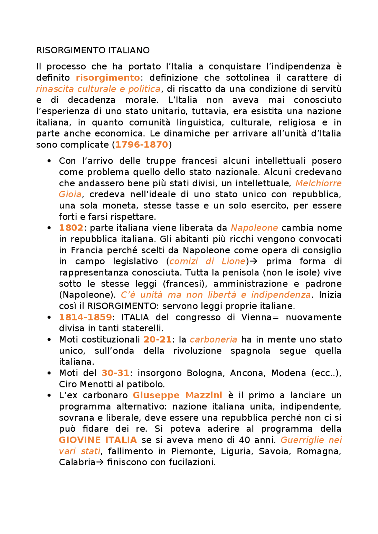 Risorgimento Italiano Appunti Di Storia Docsity