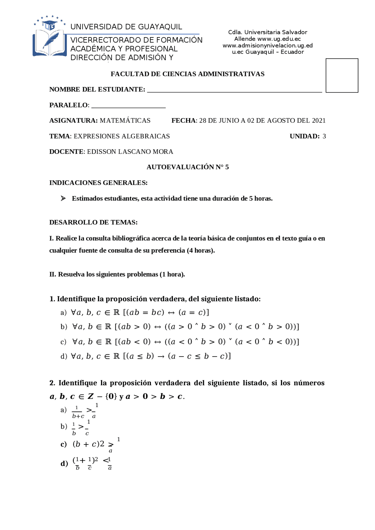 Autoevaluación 5 De Matematicas Docsity