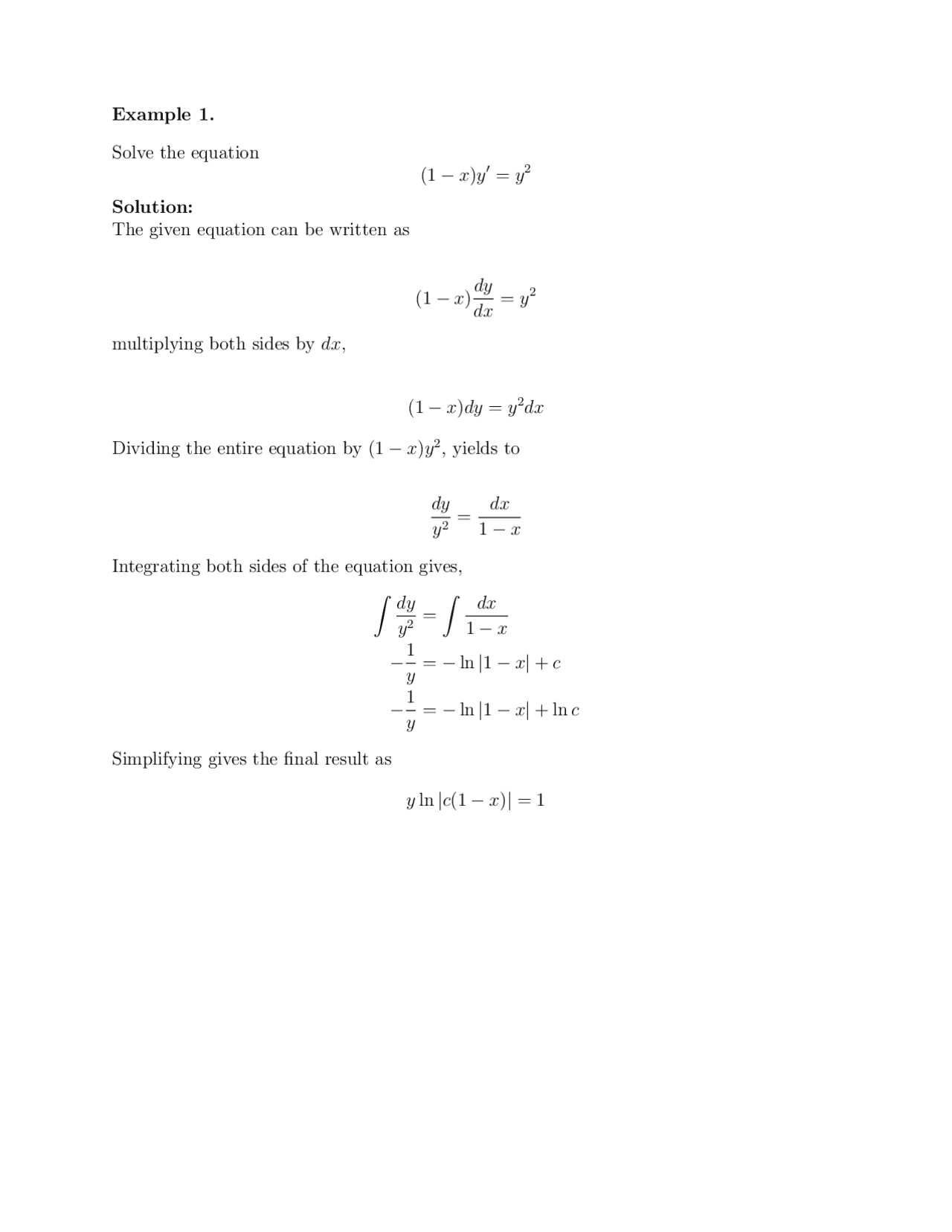 Differential Equations | Example Problem 1 - Docsity