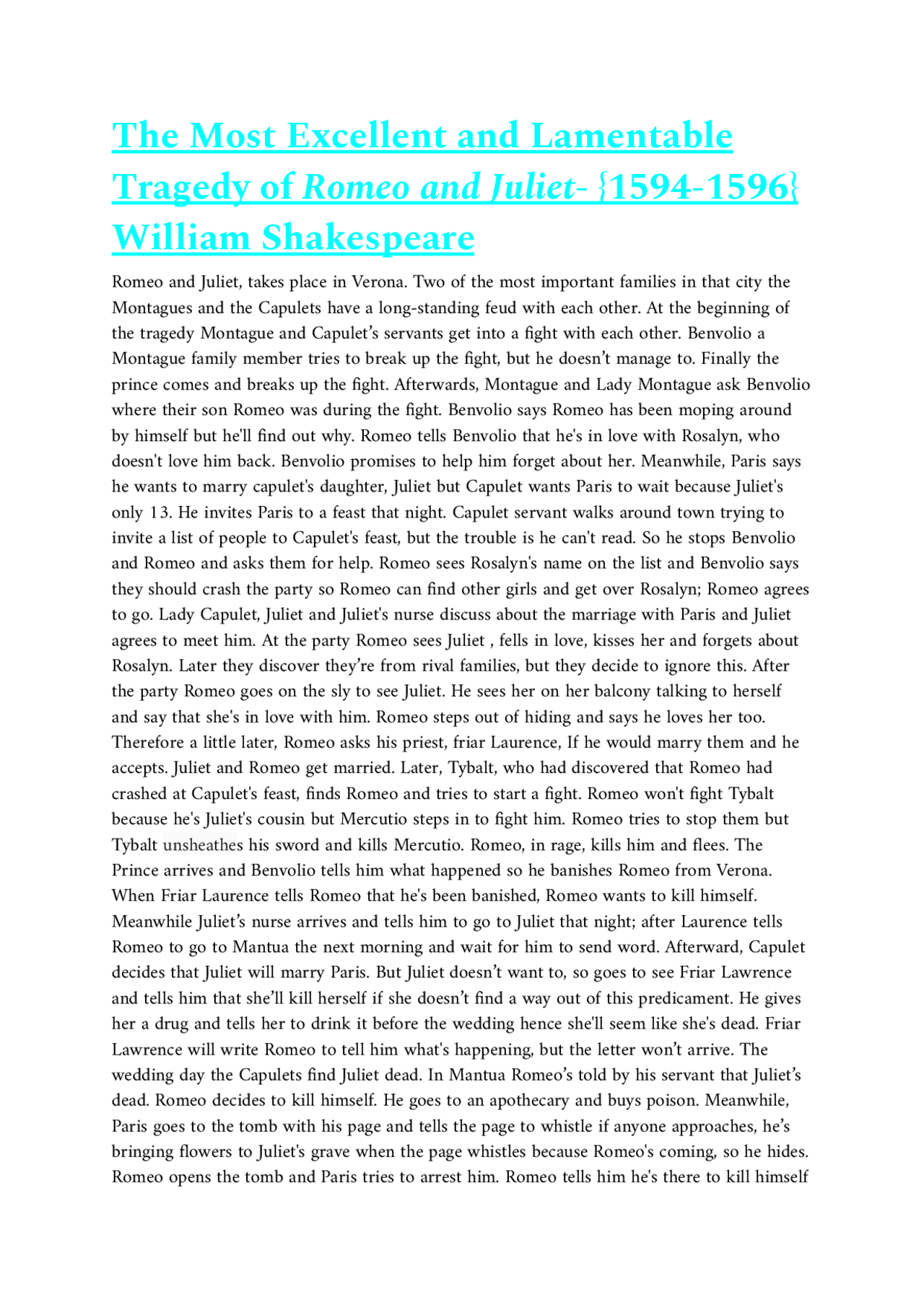 Riassunto Di Romeo And Juliet William Shakespeare Docsity