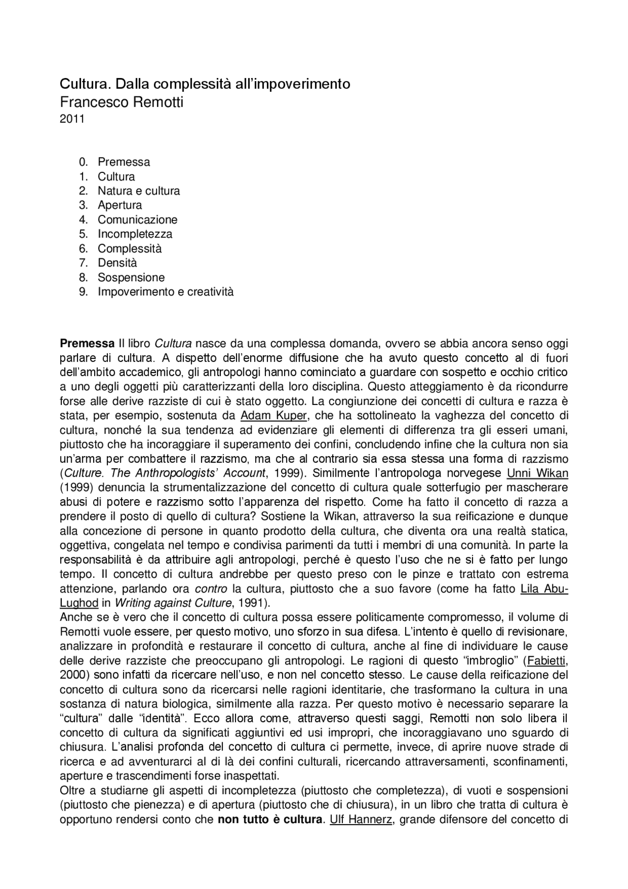 Riassunto Cultura Dalla Complessità Allimpoverimento Remotti Docsity