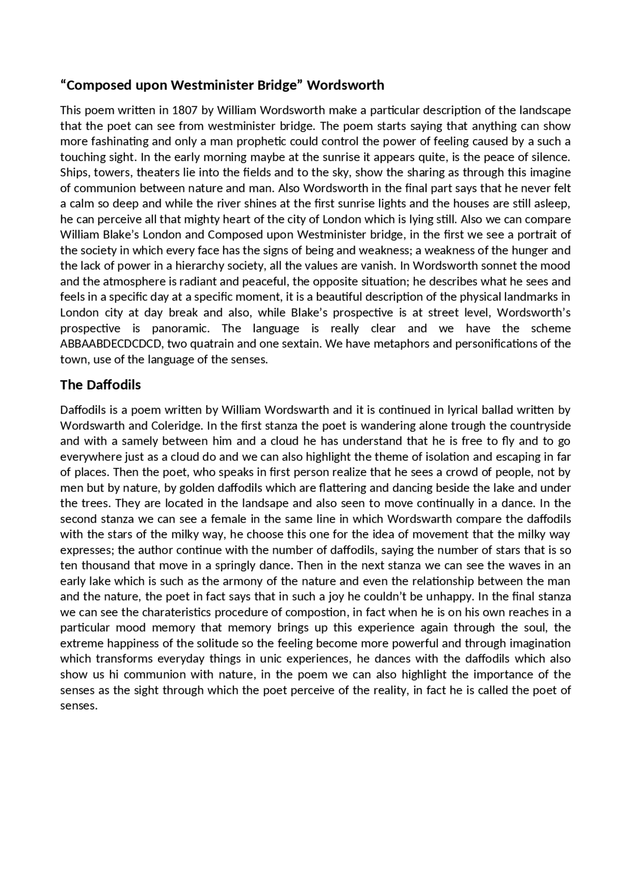 Analisi Di Due Poesie Di William Wordswoth Docsity