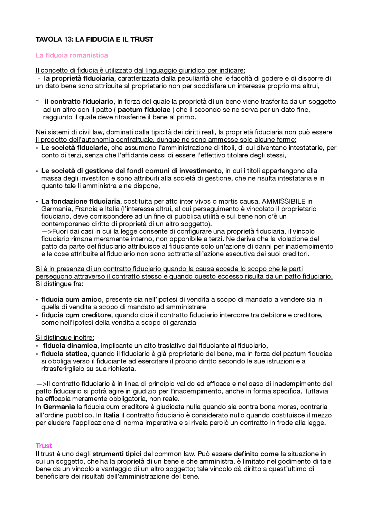 Tavola 13 La Fiducia E Il Trust Docsity