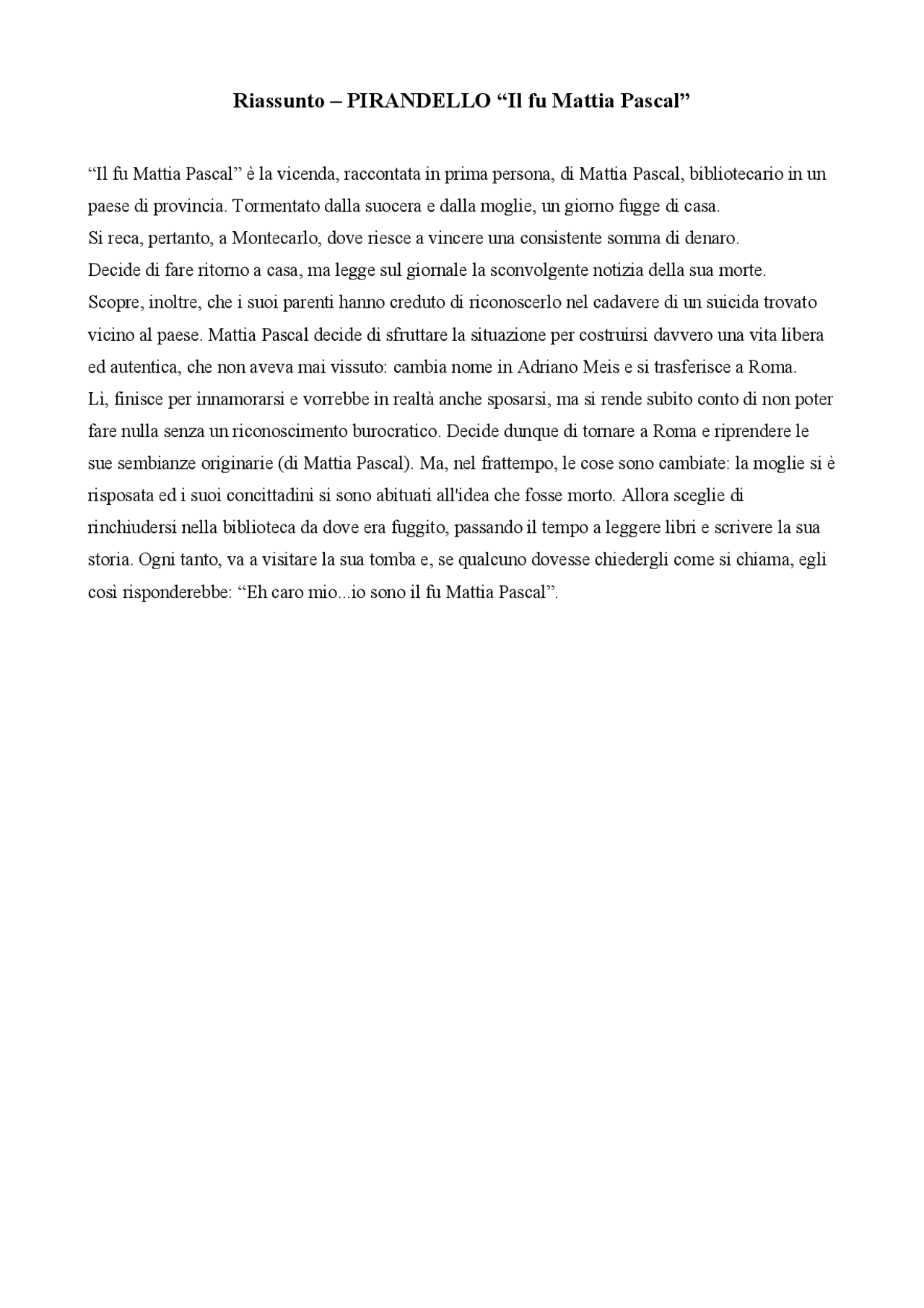 Pirandello Il Fu Mattia Pascal” Docsity
