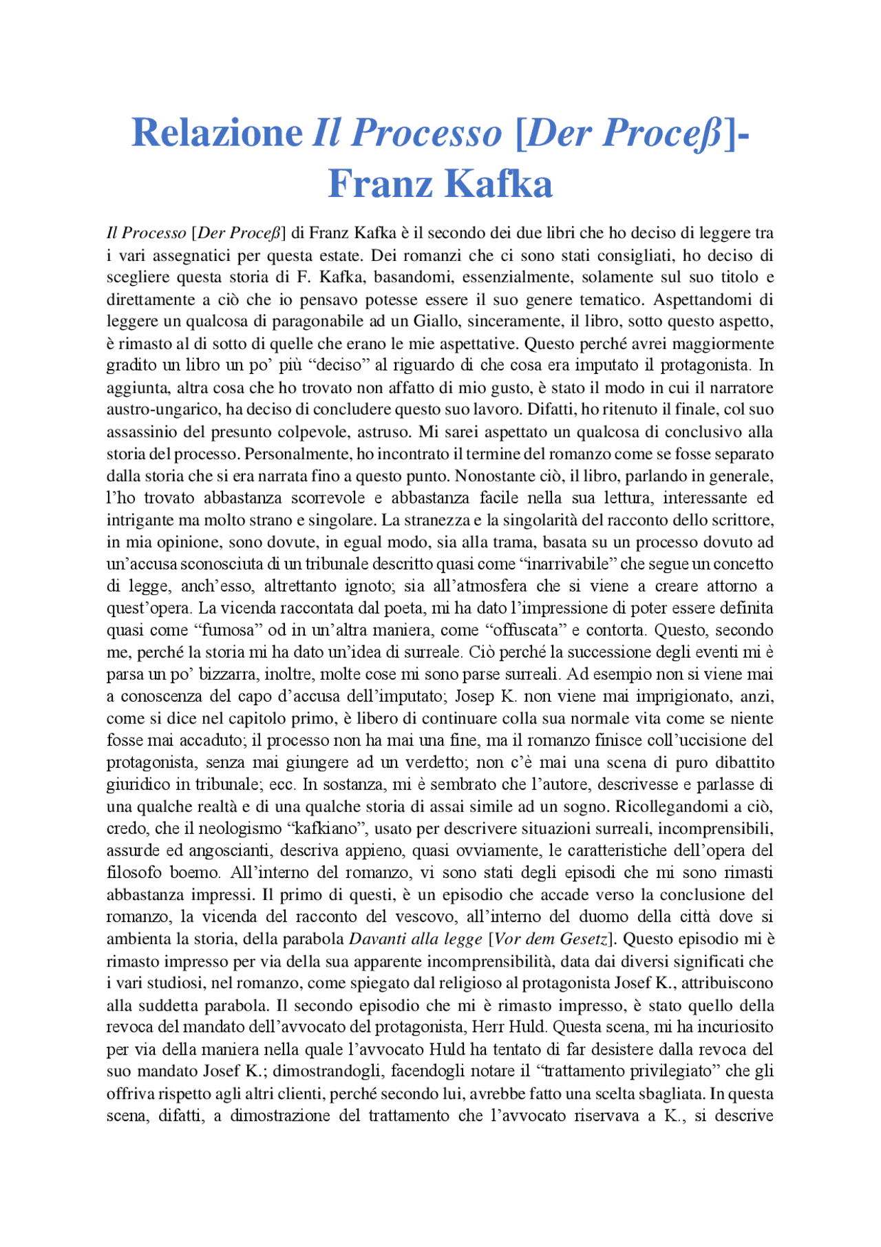 Relazione De Il Processo Der Proceß Franz Kafka Docsity