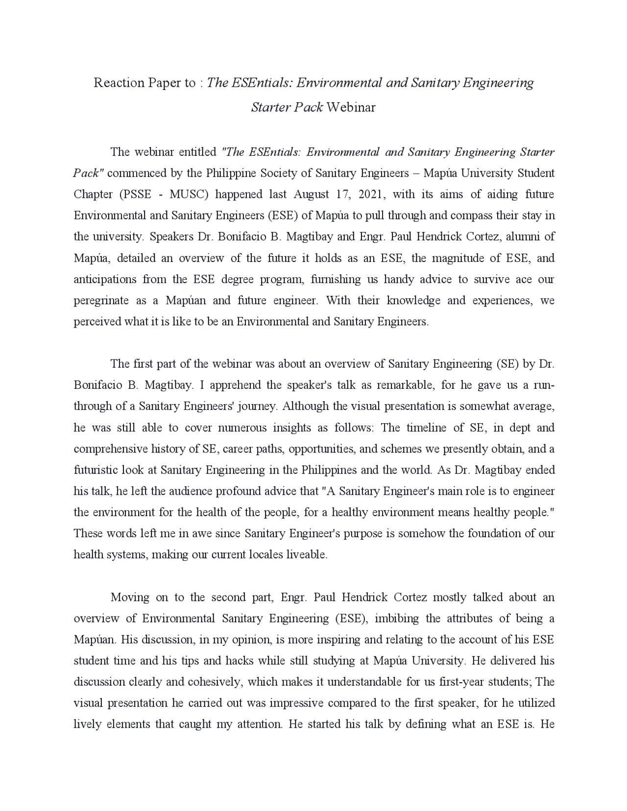 Reaction Paper on the Webinar | Essays (high school) English | Docsity