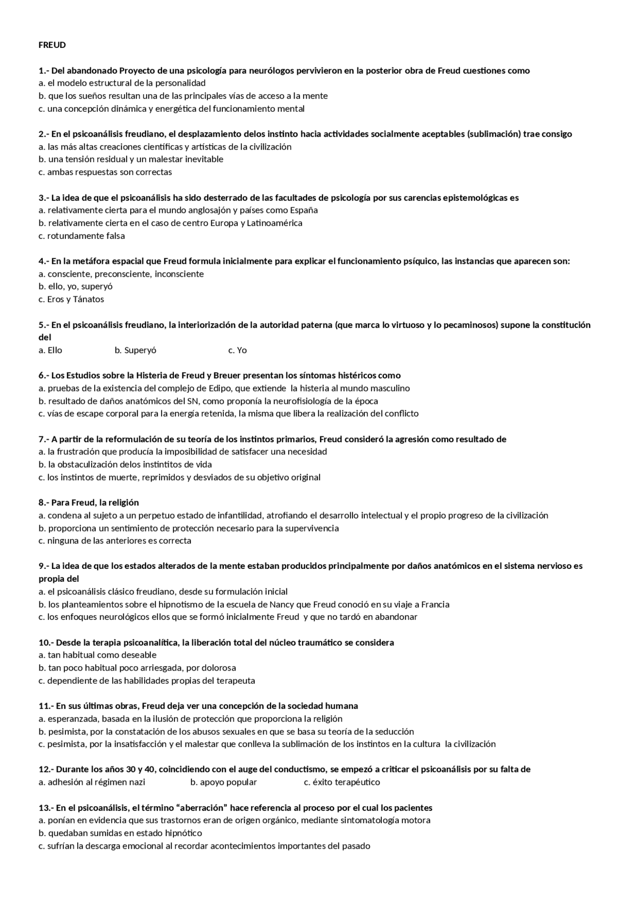 EXAMENES TIPO TEST FREUD | Exámenes de Historia de la Psicología | Docsity