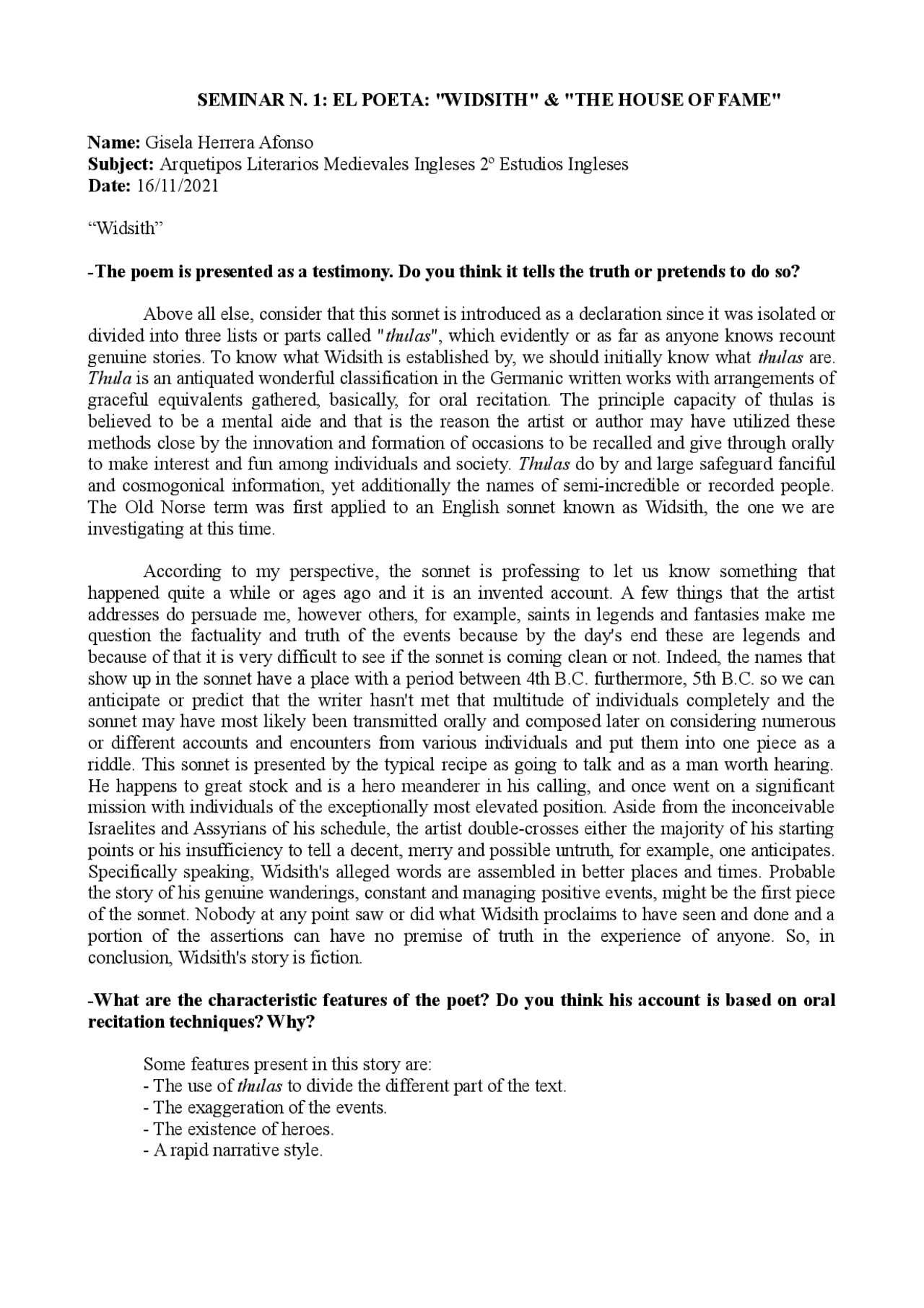 Seminar 1 Widsith & House of Fame - Docsity