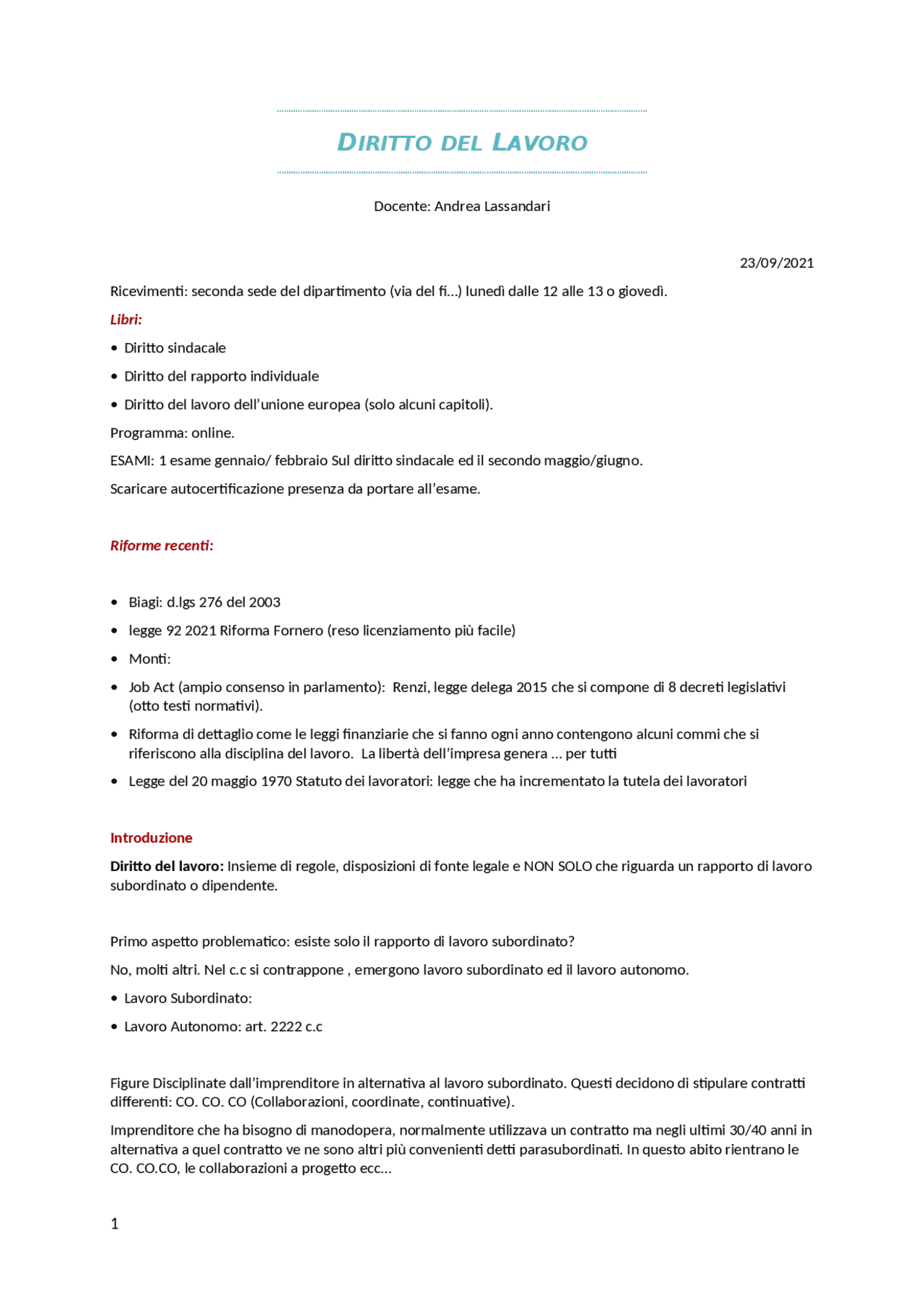 Appunti Diritto Sindacale As 2021 2022 I° Semestre Prof Lassandari