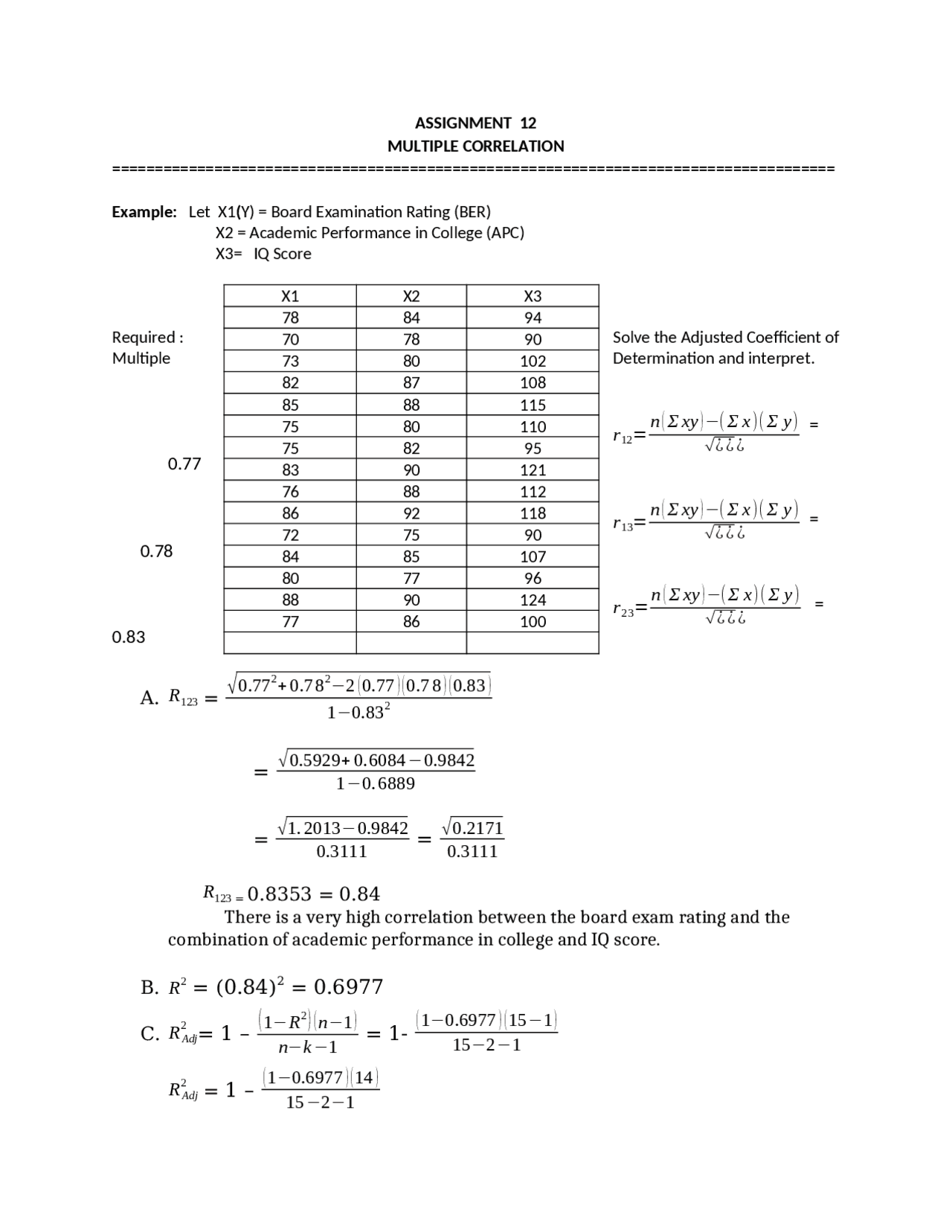 Multiple Correlation Activity Docsity