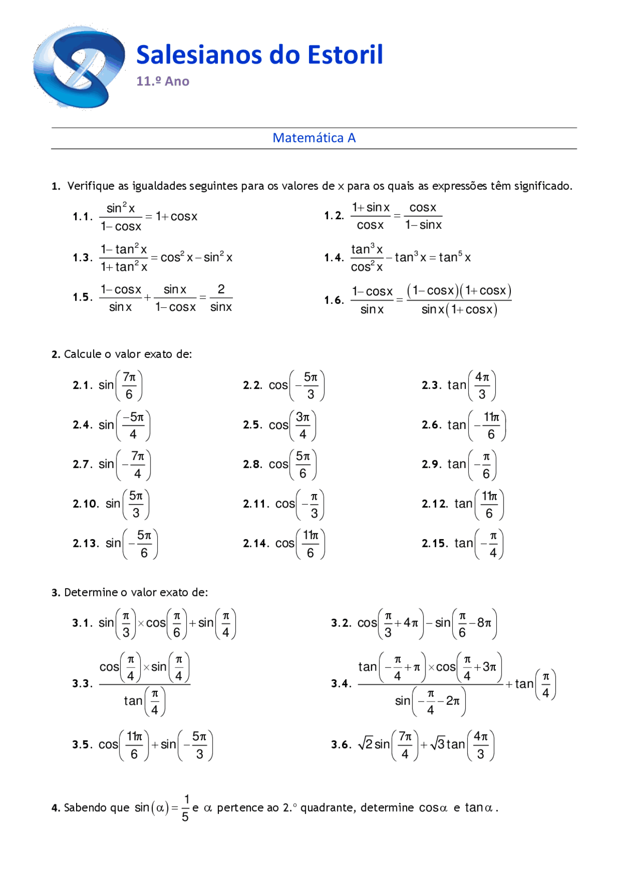Trigonometria - Redução ao primeiro quadrante | Exercícios Matemática ...