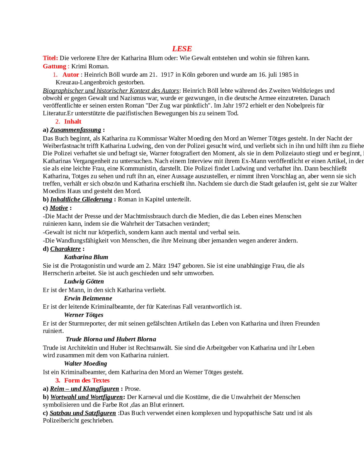 Scheda libro "Die verlorene Ehre der Katharina Blum" di Heinrich Boll ...