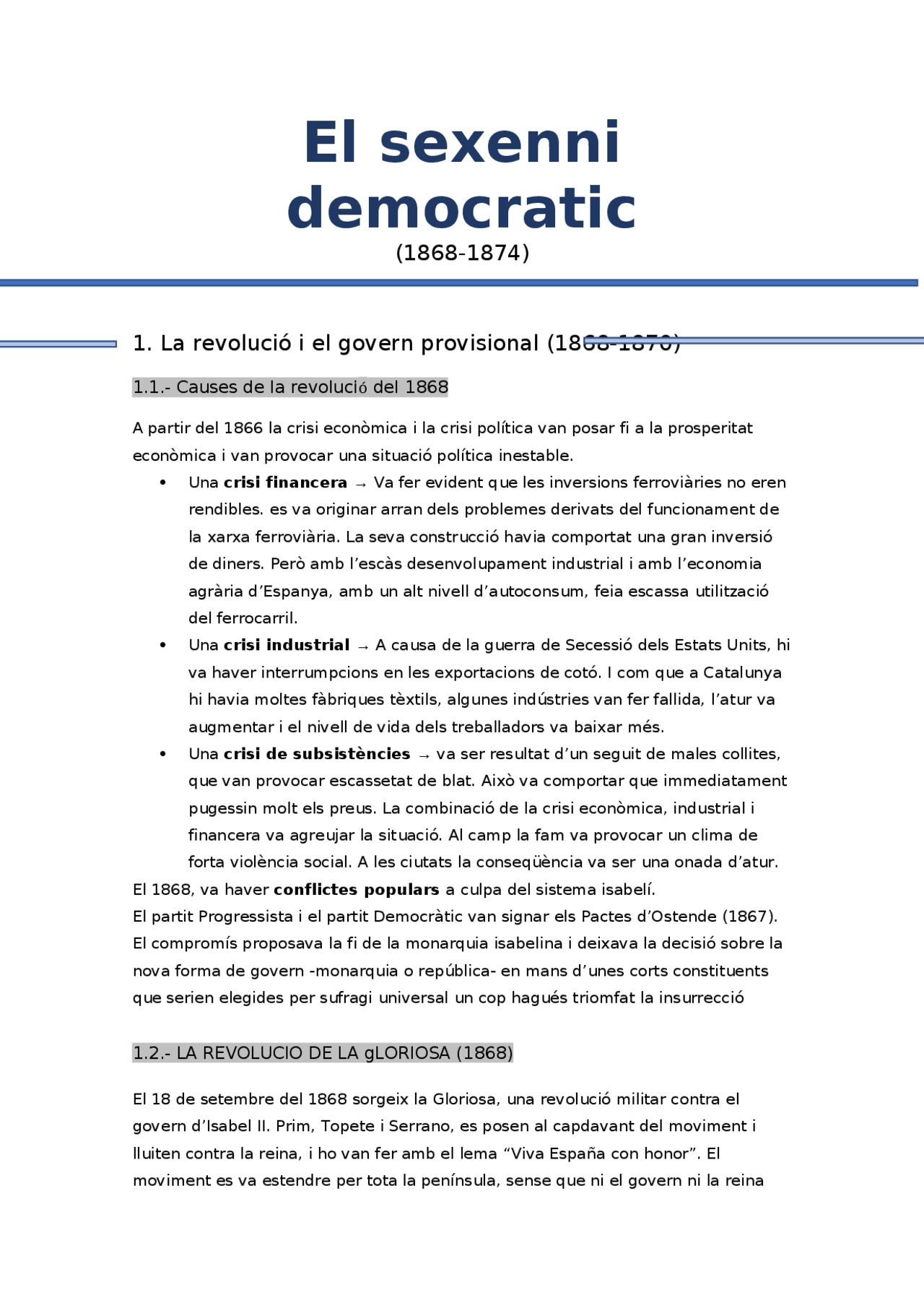 EL SEXENNIO DEMOCRÁTICO - Docsity
