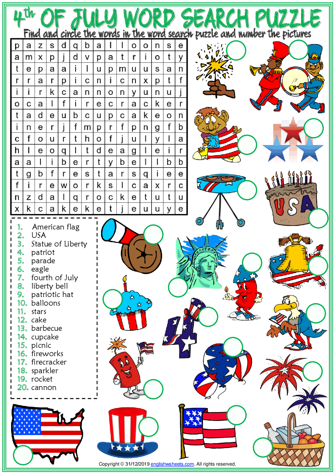 4th of July vocabulary esl word search puzzle worksheet - Docsity