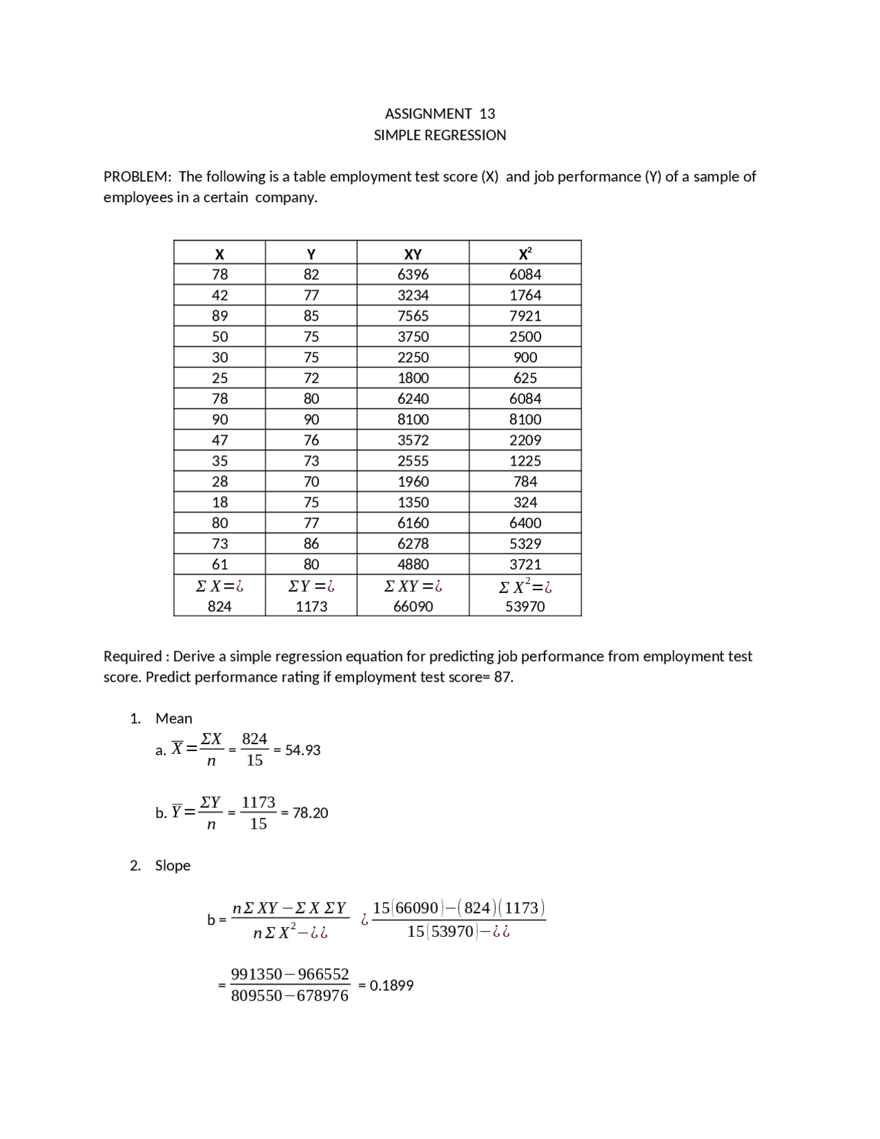 Simple Regression Assignment Docsity