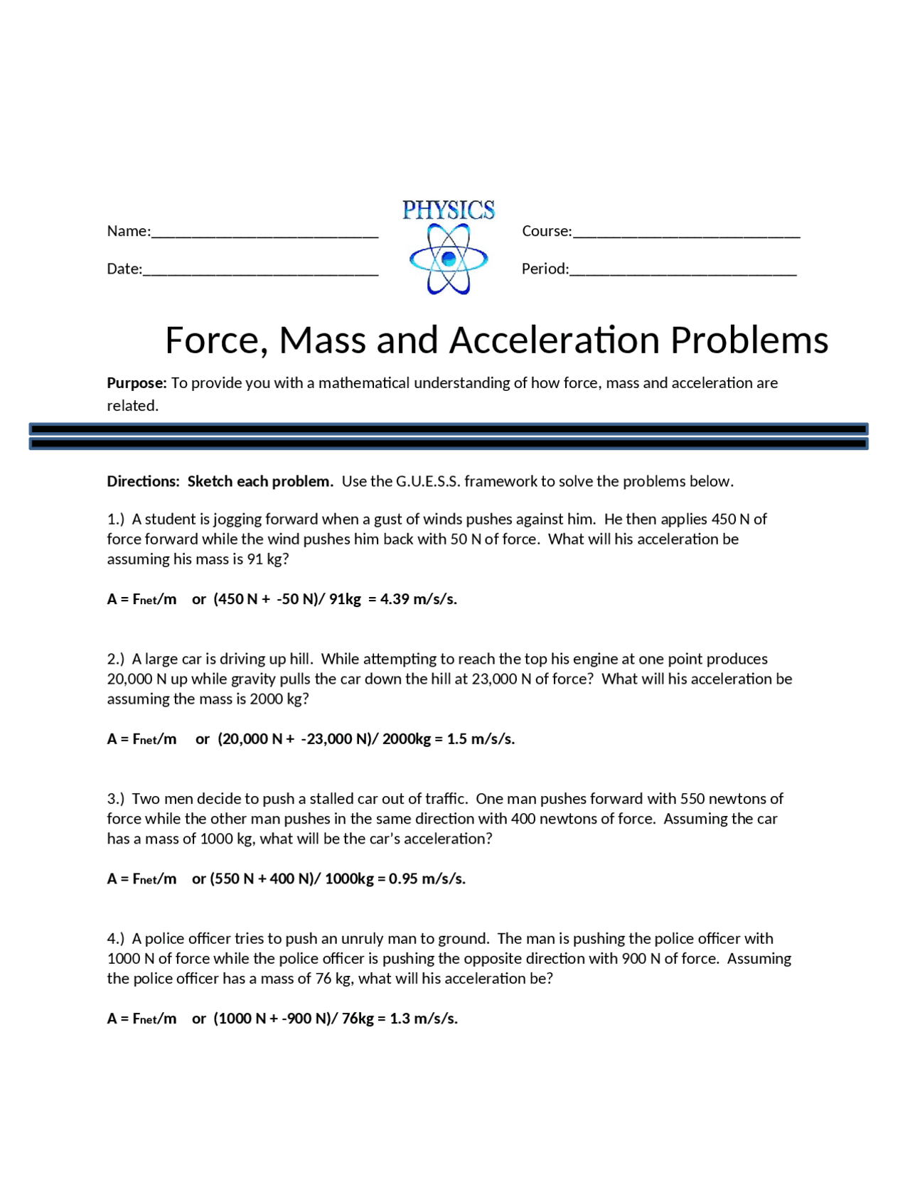 Force Mass Acceleration Worksheet