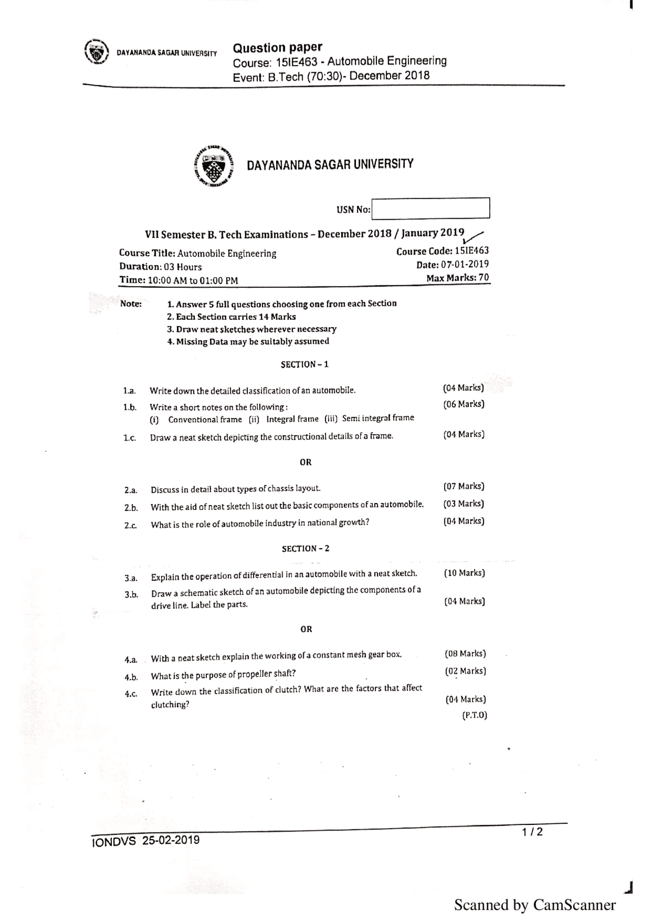 Automobile Engineering question paper 2018 semester end examination(SEE ...