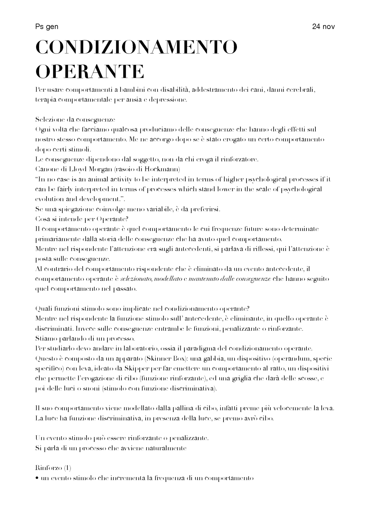 Condizionamento Operante Skinneriano Docsity