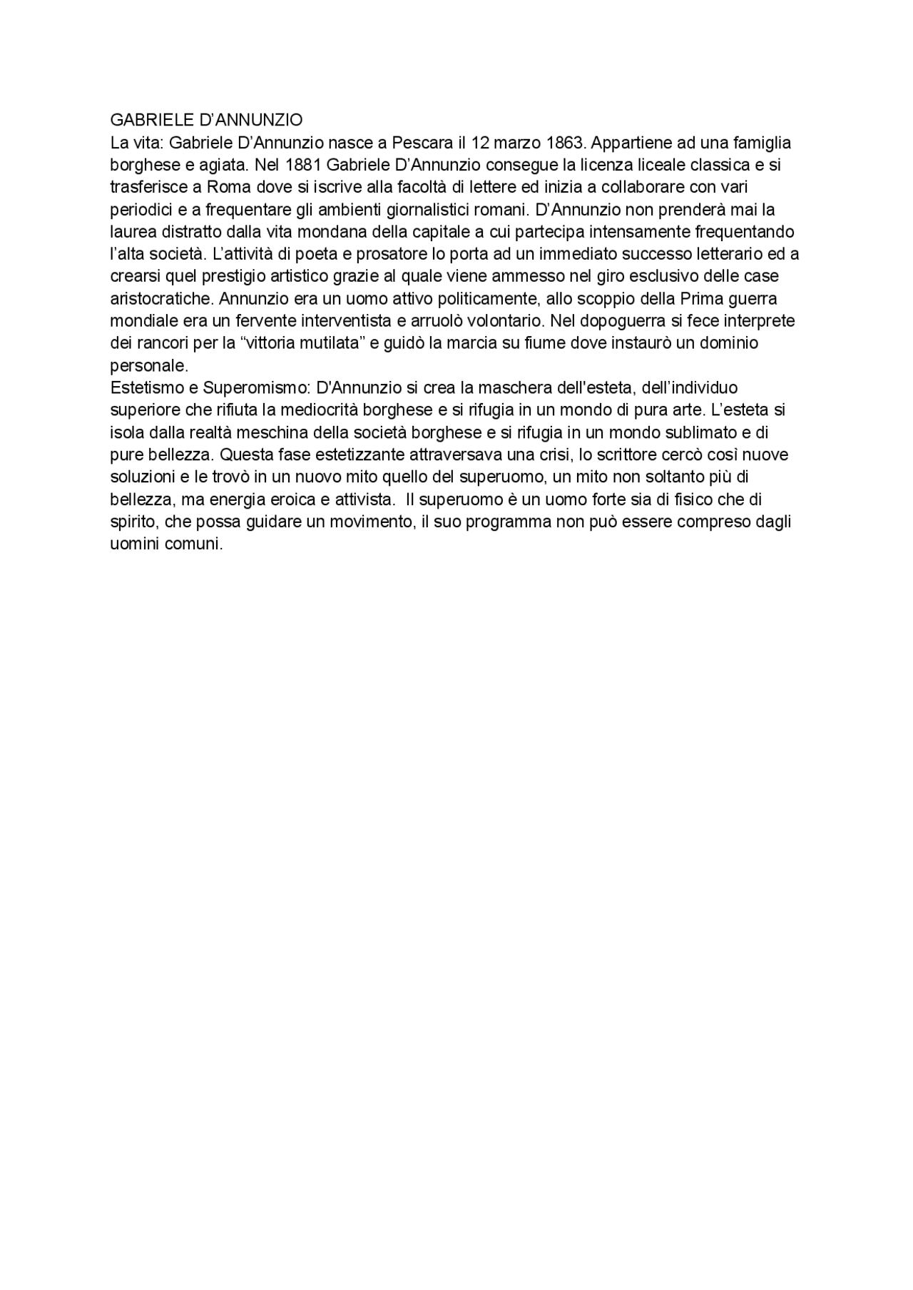 Riassunto Gabriele Dannunzio Docsity