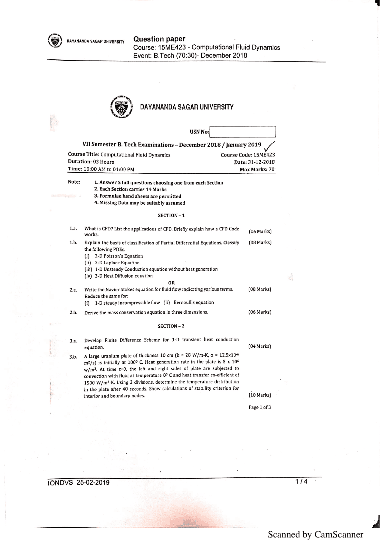 Computational Fluid Dynamics Question Paper 2018 Semester End