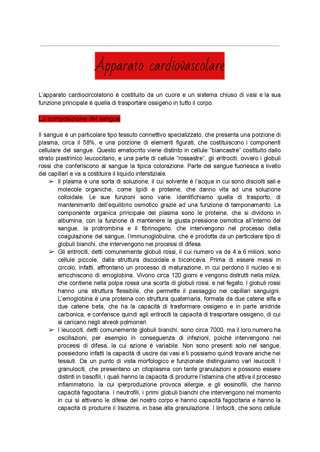 Apparato Cardiocircolatorio Docsity