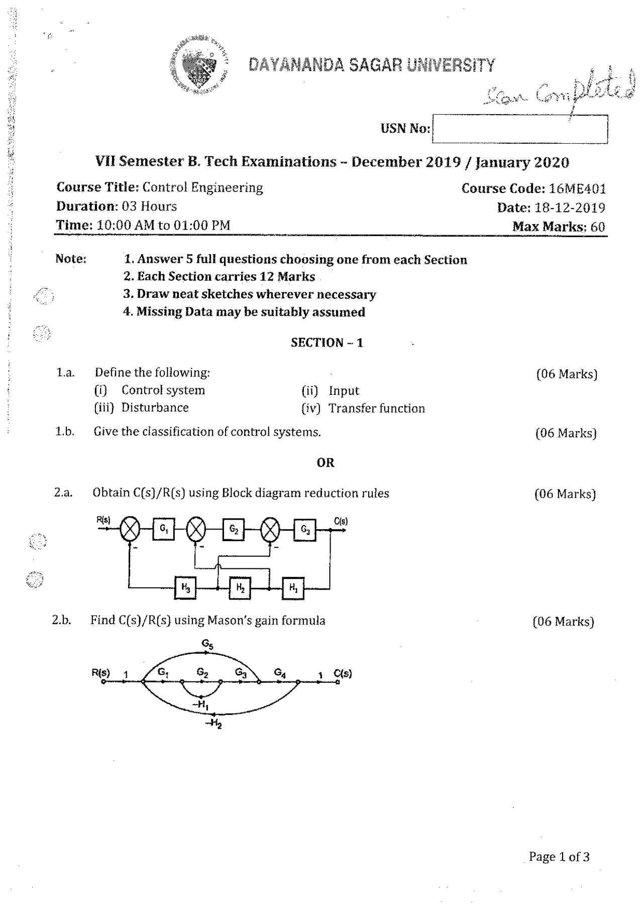 Control system Semester end examination 2019(SEE) | Papers Control ...