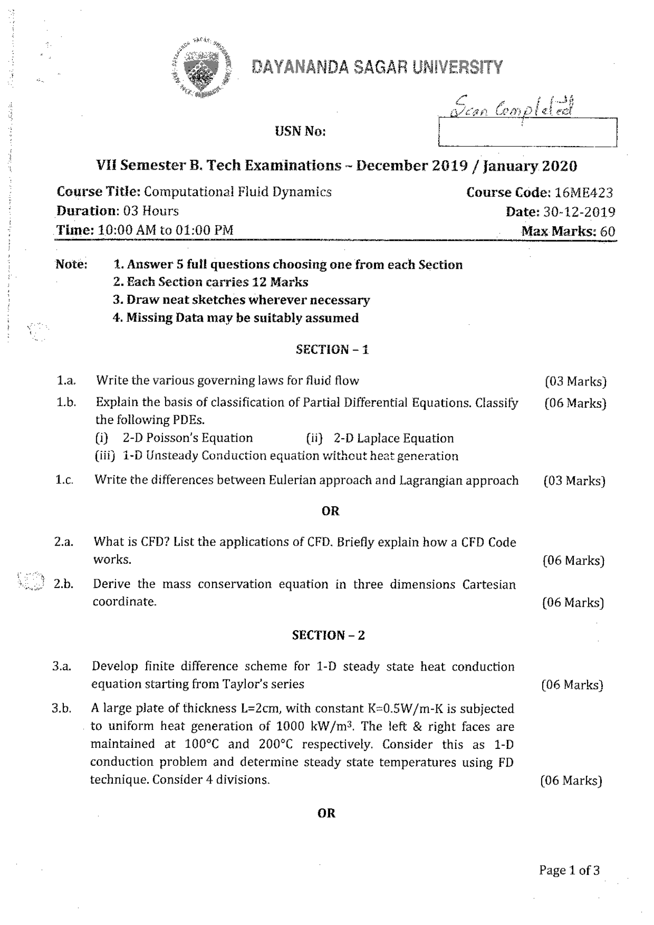 Computational Fluid Dynamics Question Paper 2019 Semester End