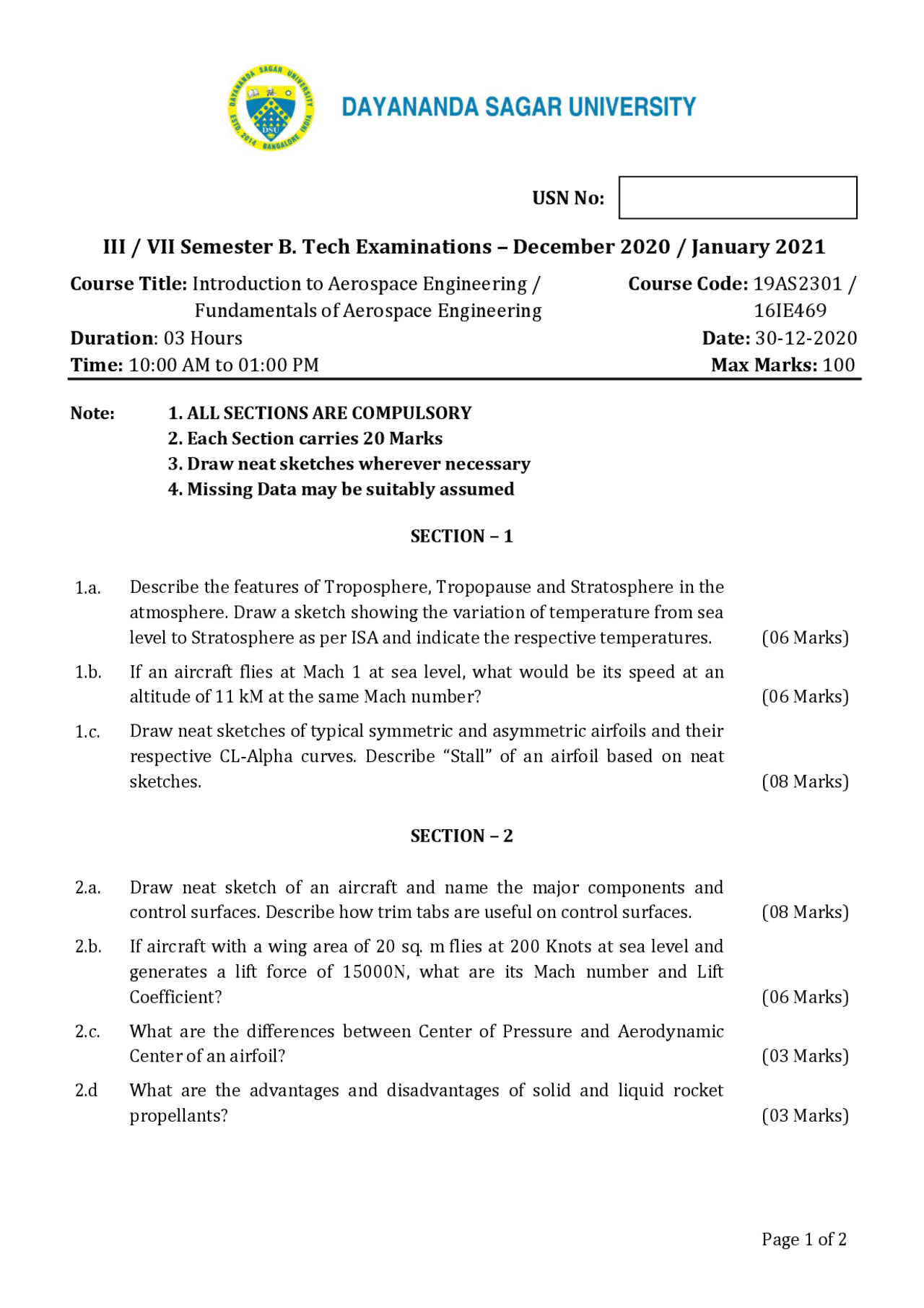 Introduction to aerospace engineering question paper for mechanical ...