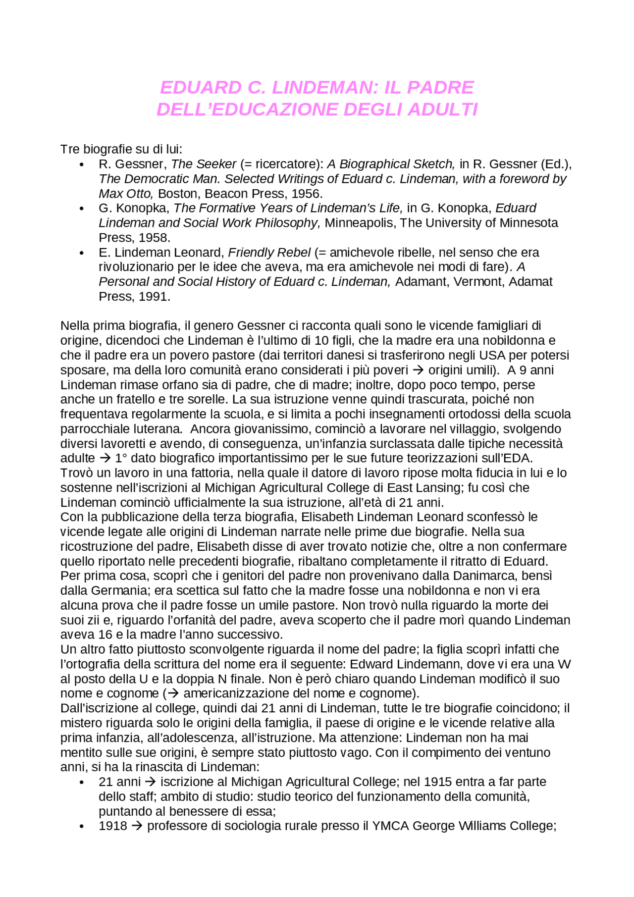 E. C. Lindeman: il padre dell'educazione degli adulti - Docsity