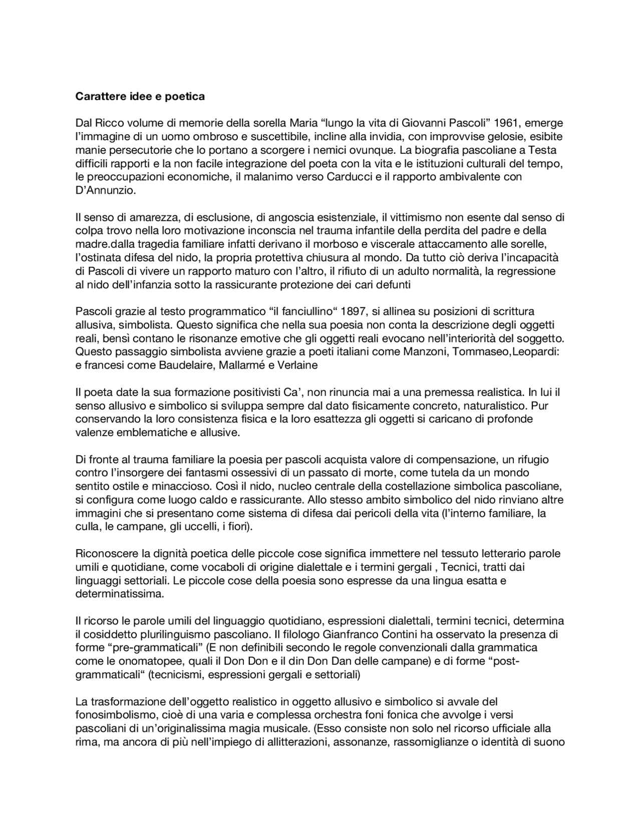 Riassunti Giovanni Pascoli Docsity