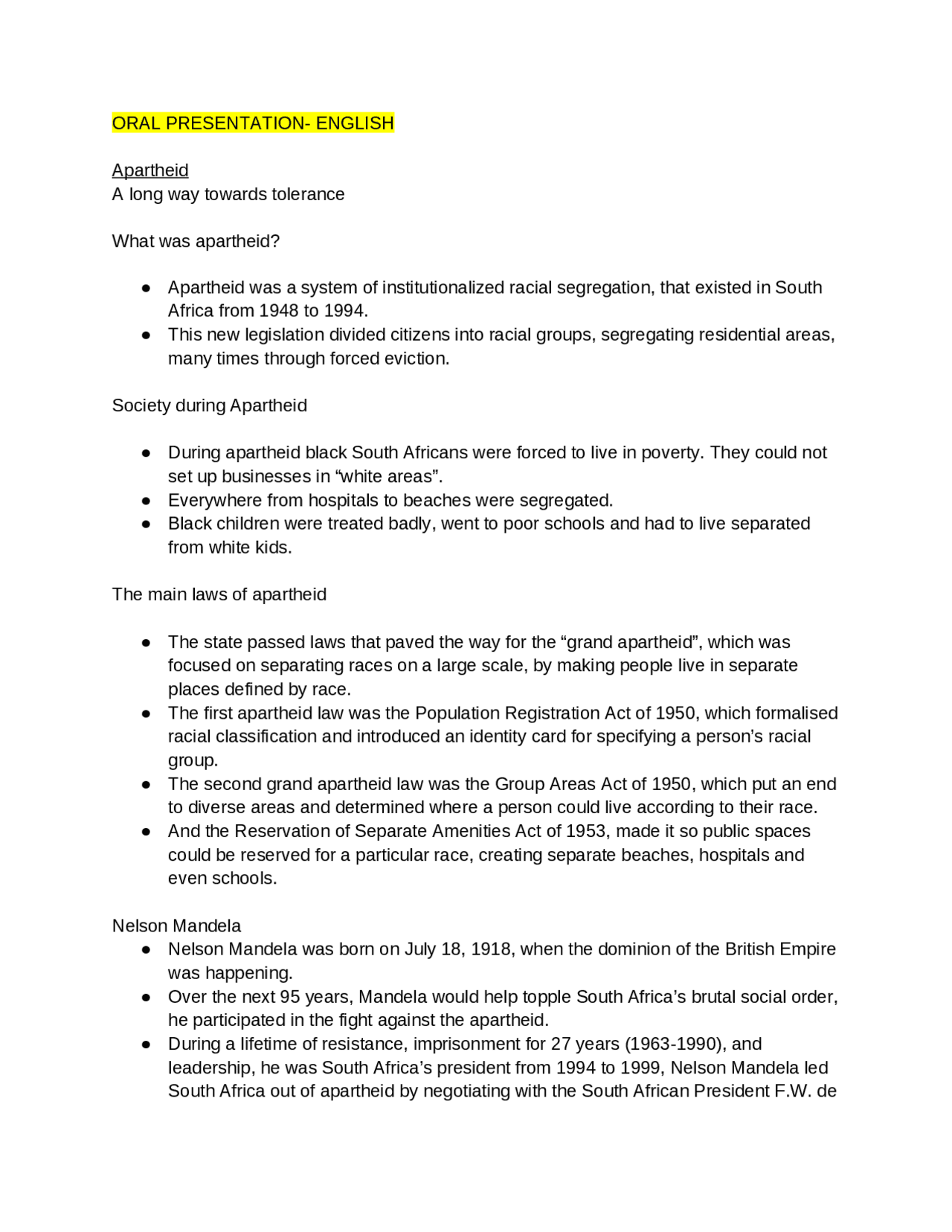 Apartheid and Nelson Mandela - Docsity