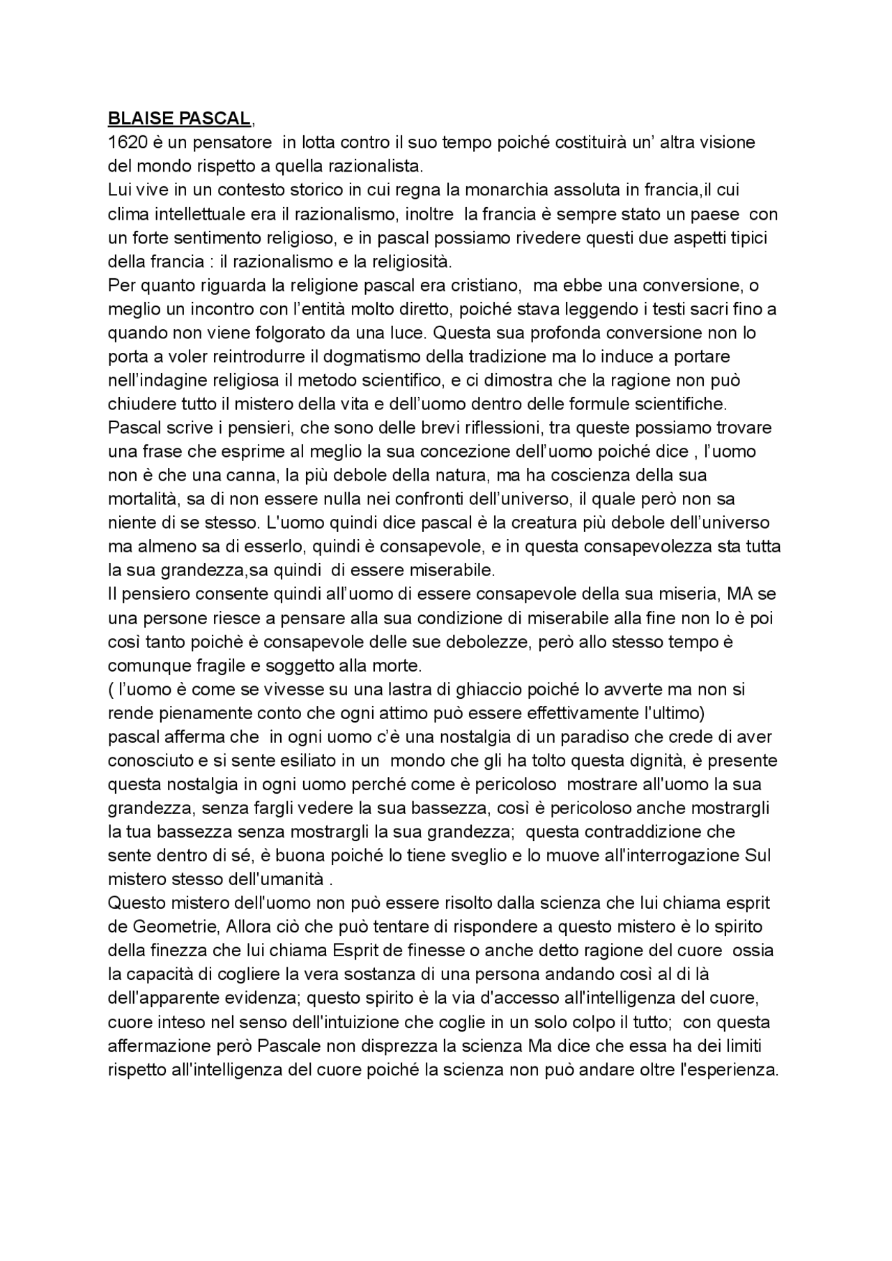 Blaise Pascal Riassunto Dettagliato Docsity