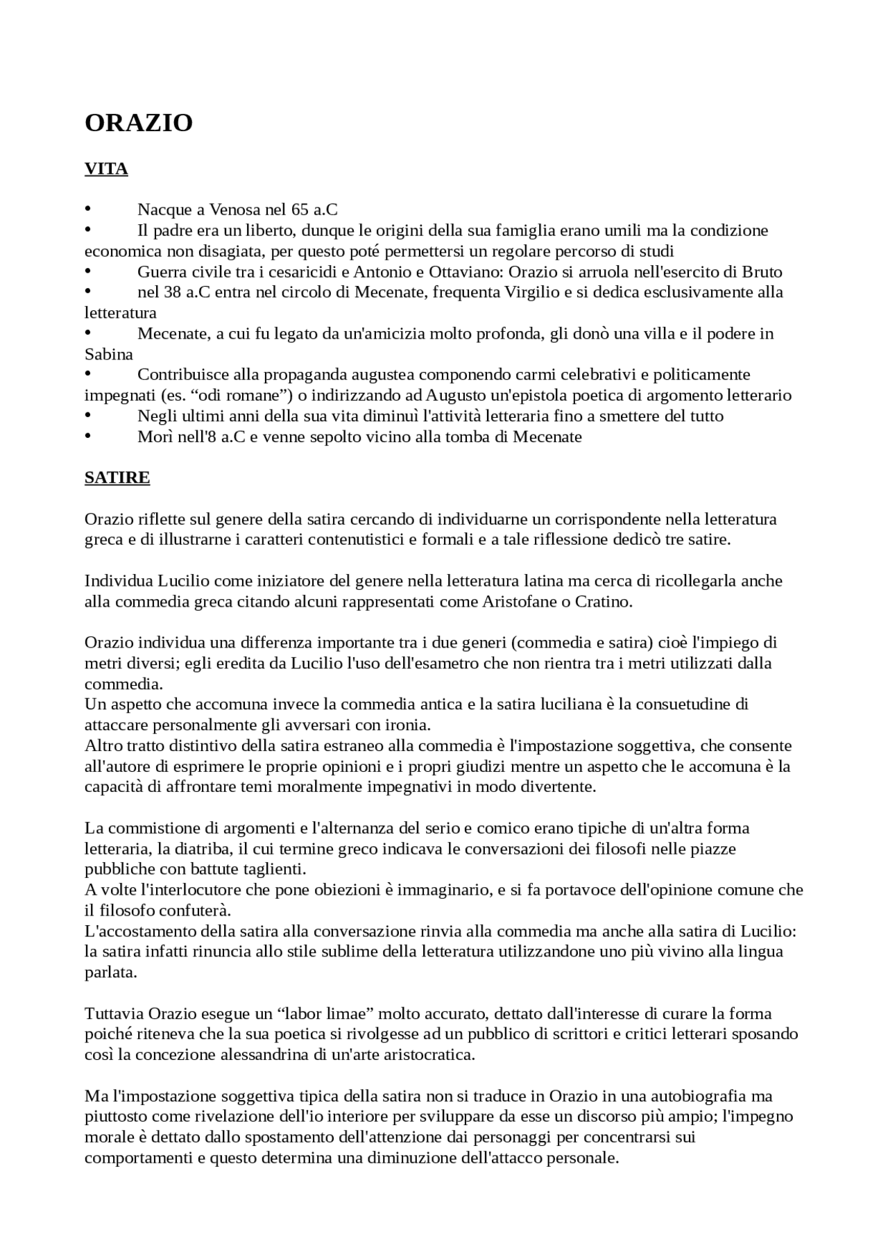 Orazio Riassunto Vita E Opere Dispense Di Latino Docsity