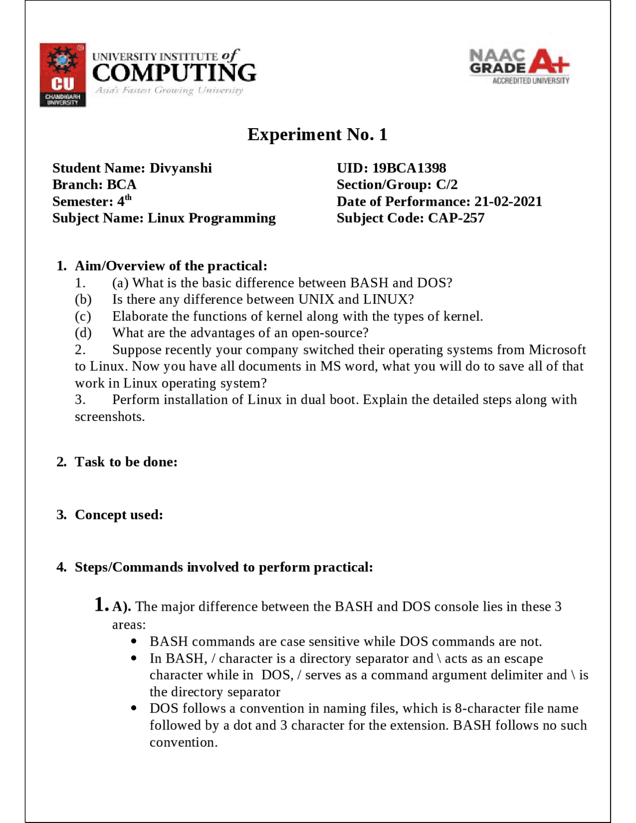 Linux Programming Experiment 1 Docsity